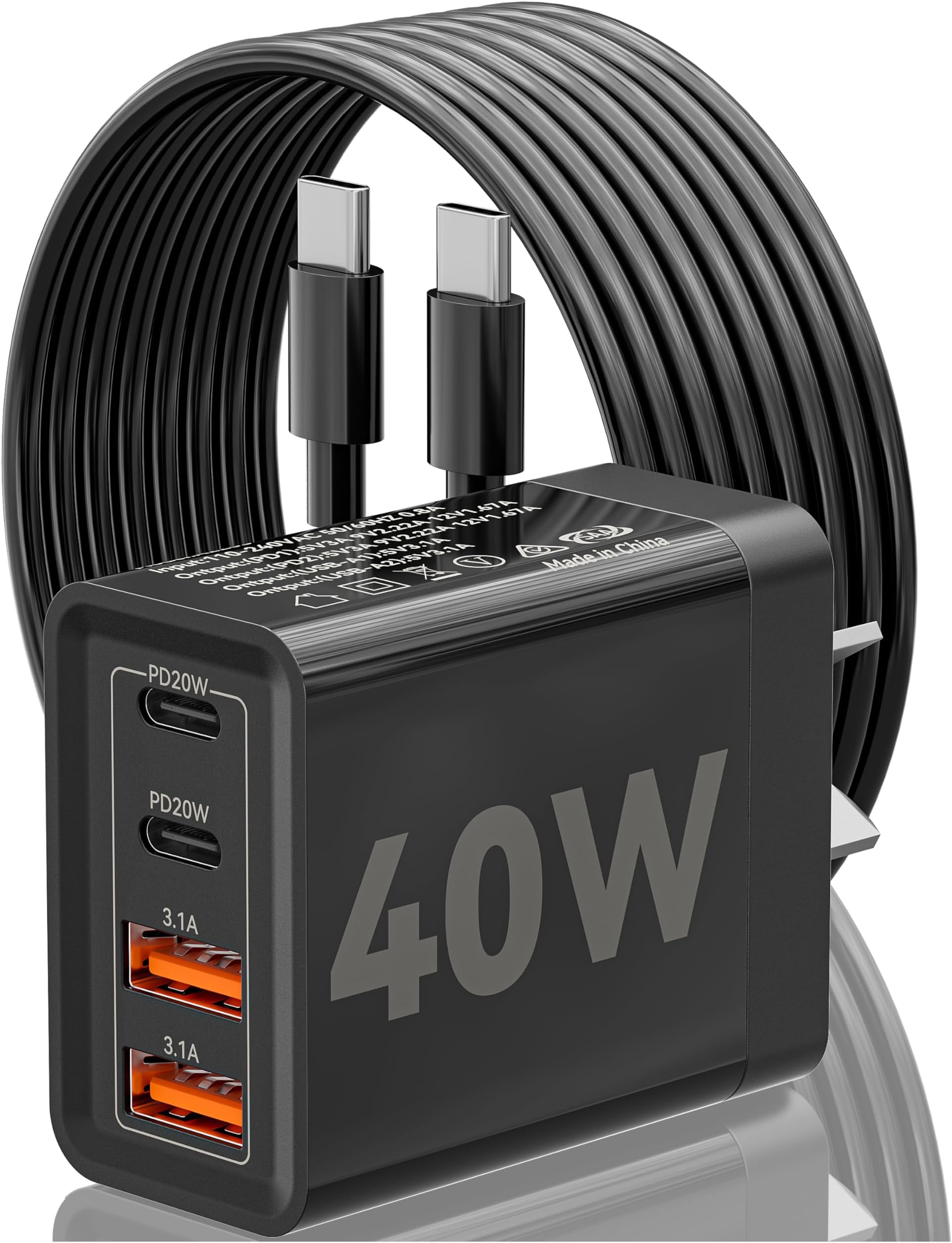 USB C Fast Charger, 40W Dual USB-C Wall Charger, 4-Port 20W USB C Power ...