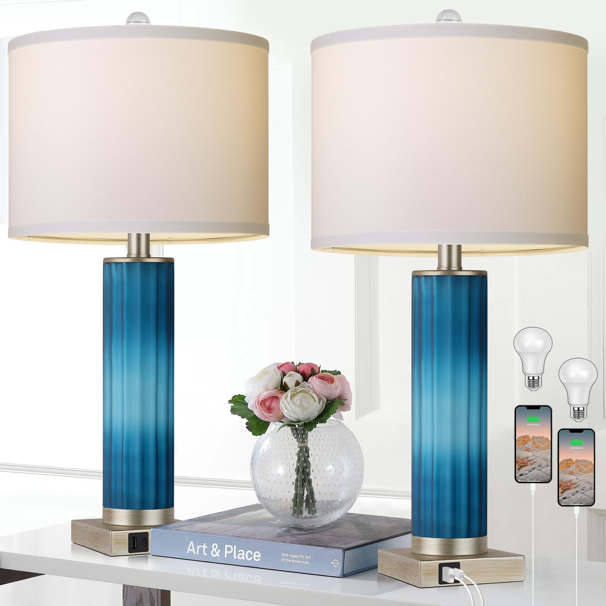 Set of 2 Table Lamps for Living Room, Blue Glass Bedroom Lamp for ...