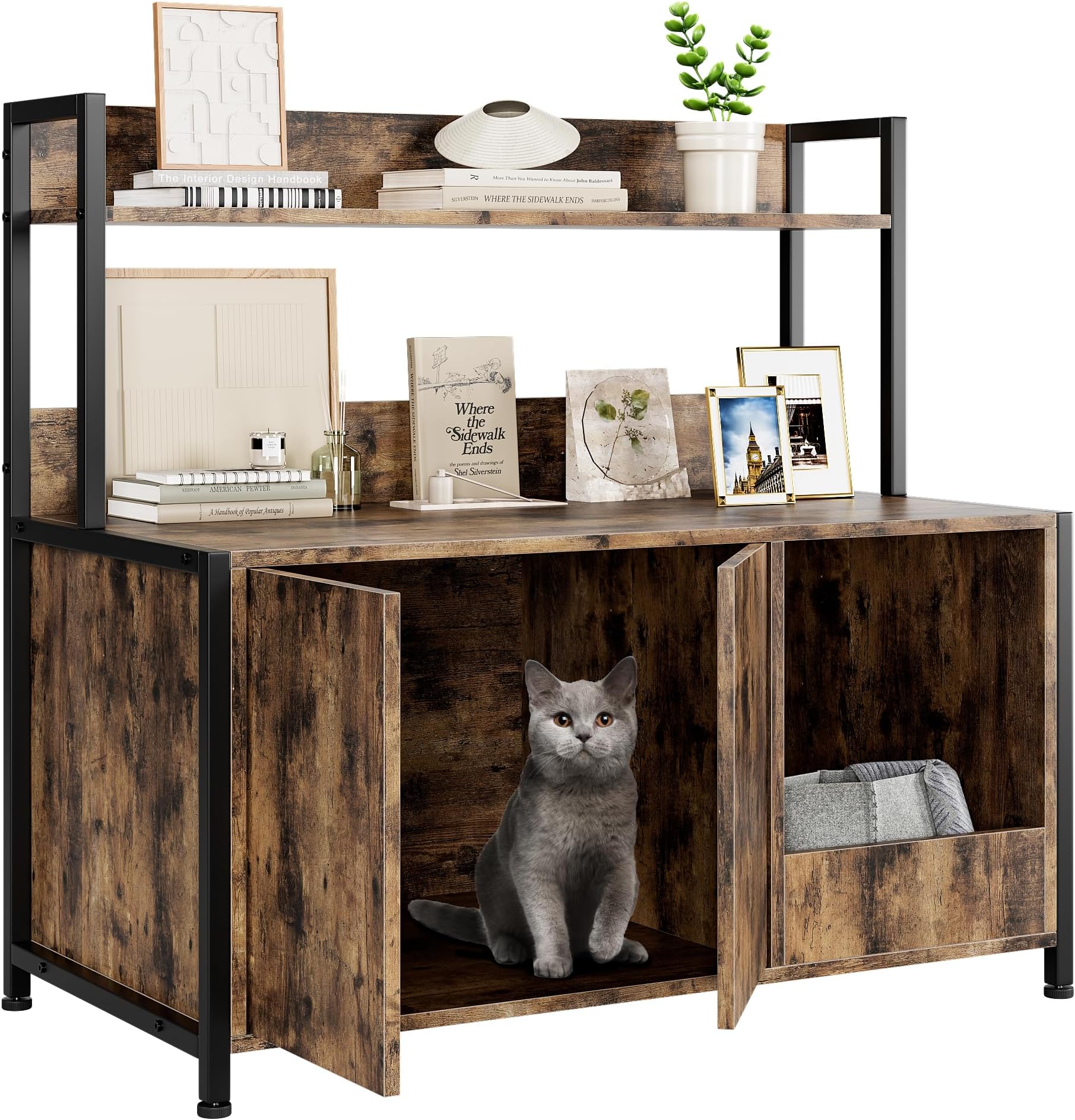 Amazon.com: Cat Litter Box Enclosure with Shelves Storage, 2-in-1 ...