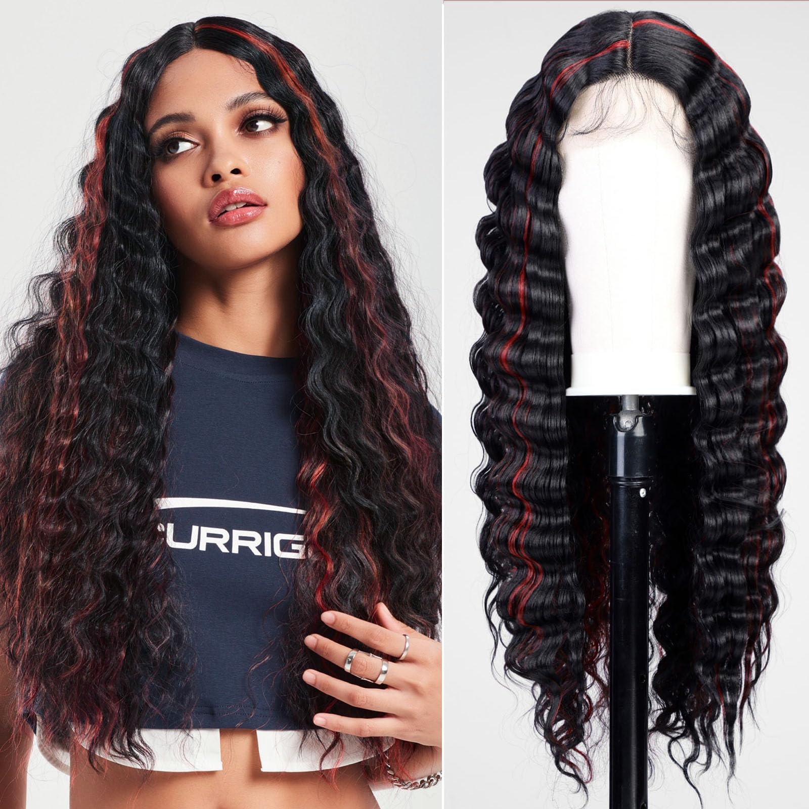 Amazon.com : KOME Long Deep Wave Wig,Black Red Highlight Long Curly ...