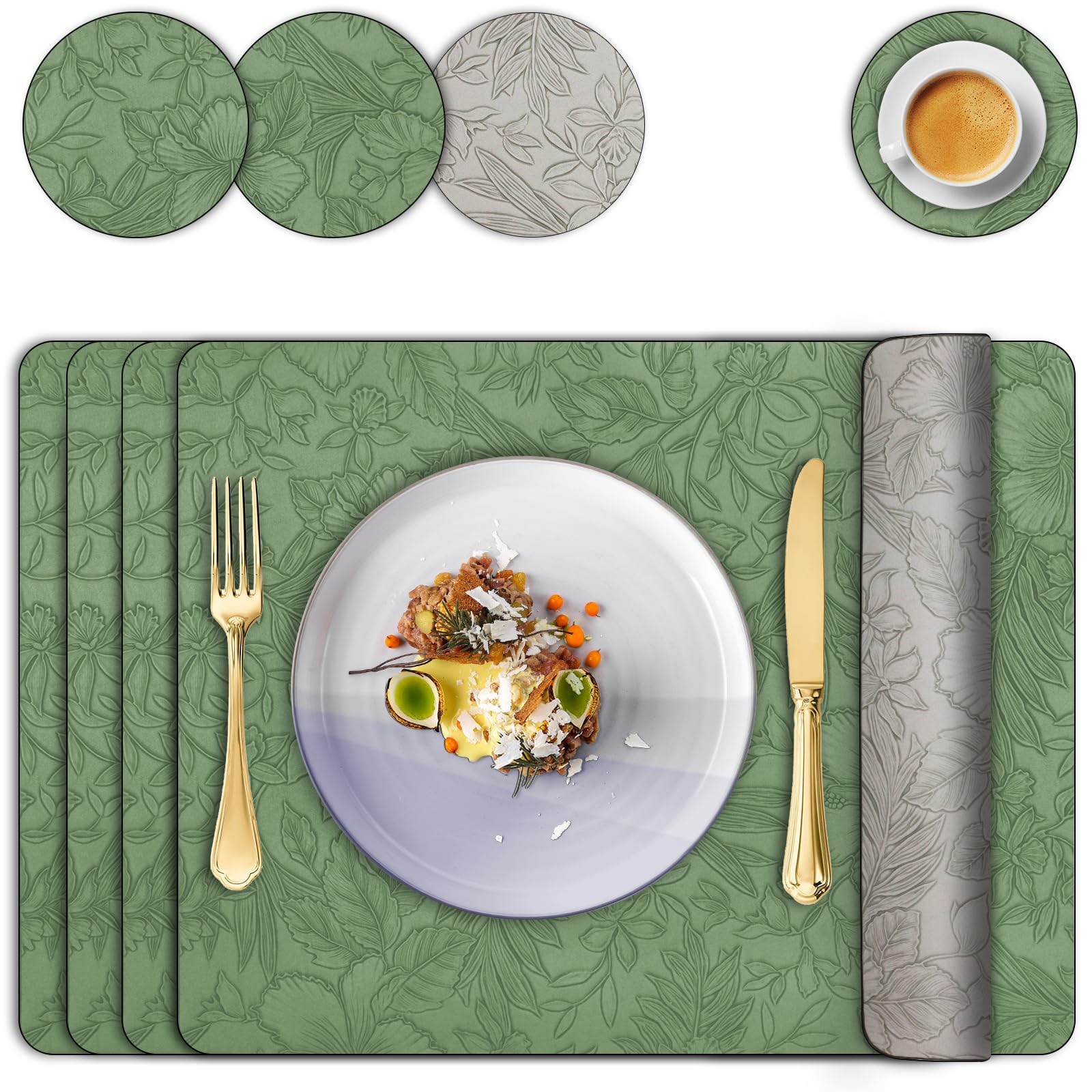 Placemats and Coaster Sets 4, Dual-Sided Leather Floral Place Mats ...