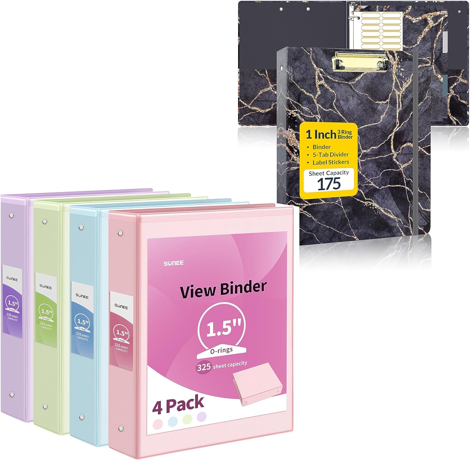 Amazon.com : SUNEE 3 Ring Binder 1.5 Inch 4 Pack Pastel Binder and 1 ...
