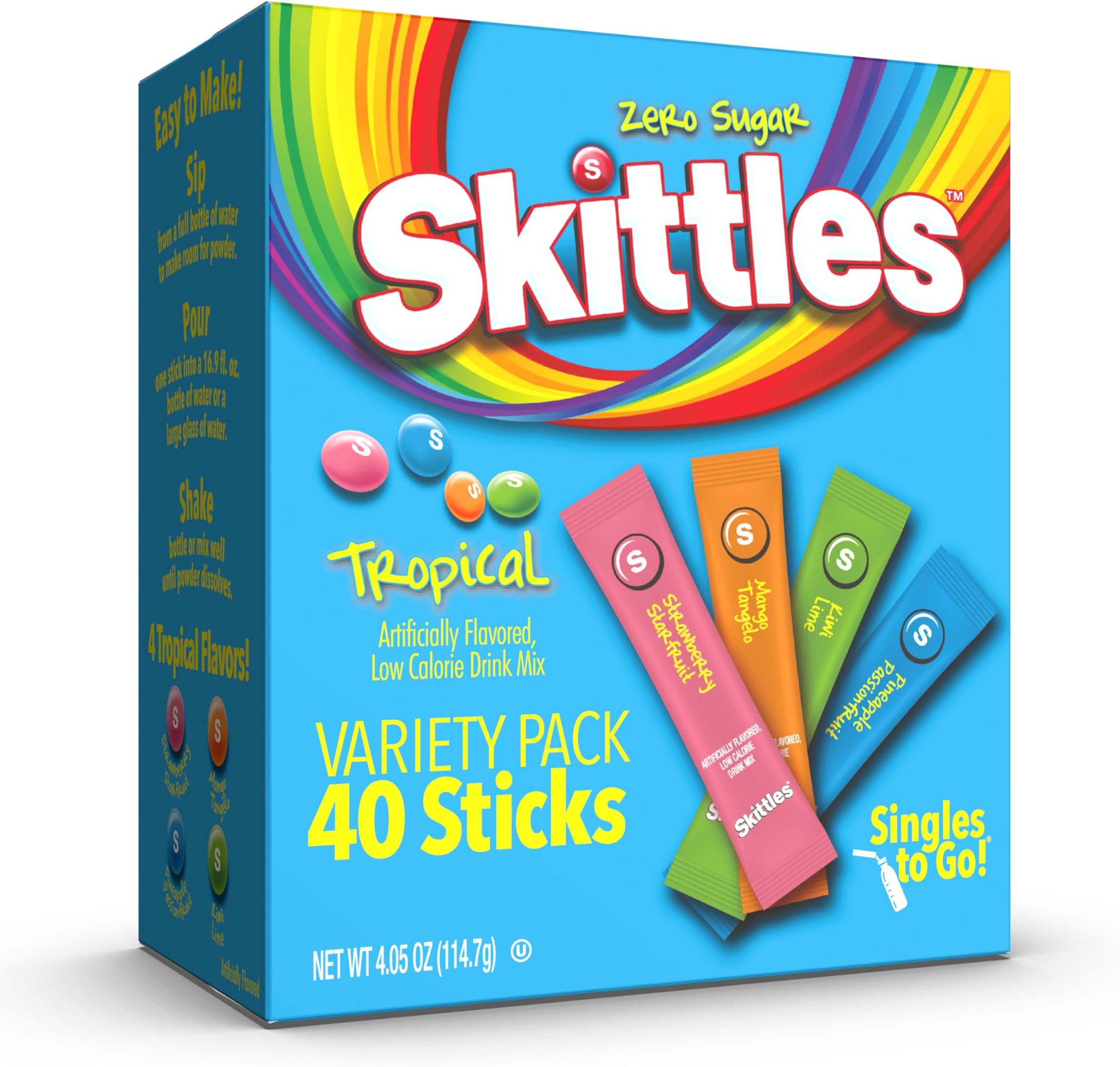 Amazon.com : Skittles Singles To Go Tropical Variety Pack, Watertok ...