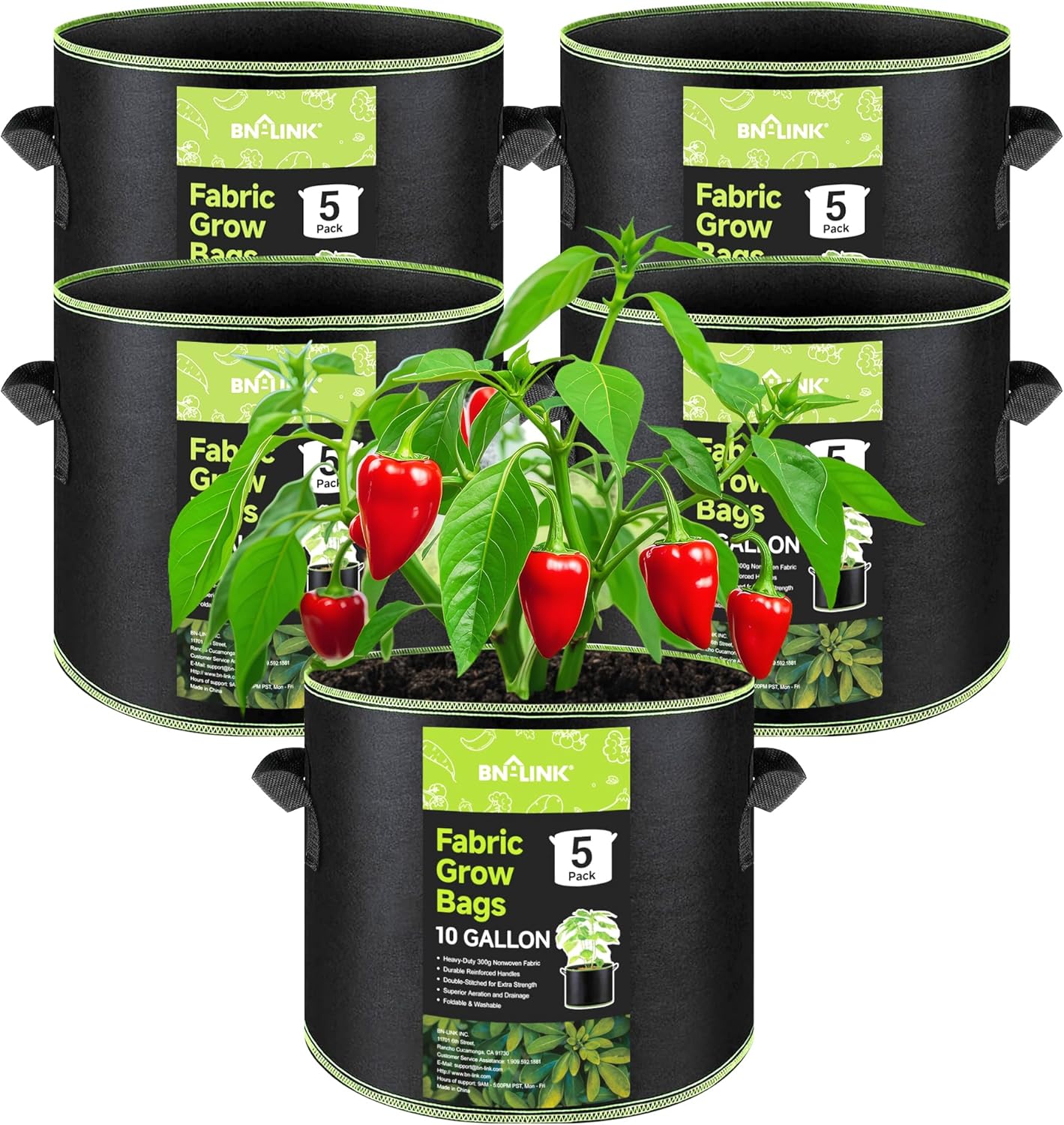 Amazon.com : BN-LINK 5-Pack 10 Gallon Grow Bags, Heavy Duty Aeration ...