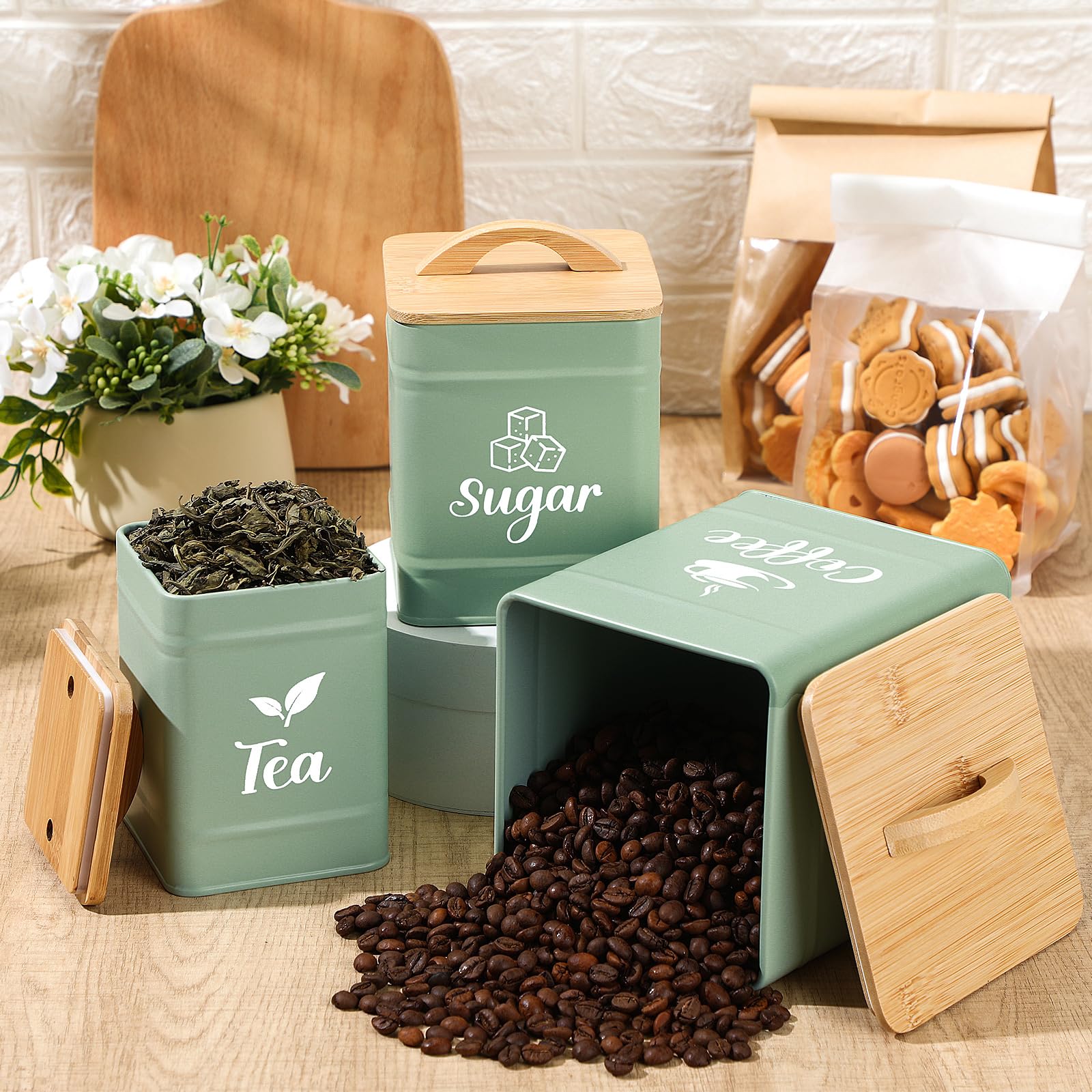 3PCS Tea Coffee Sugar Canister Set 1000ml Metal Square Coffee Tea Sugar ...