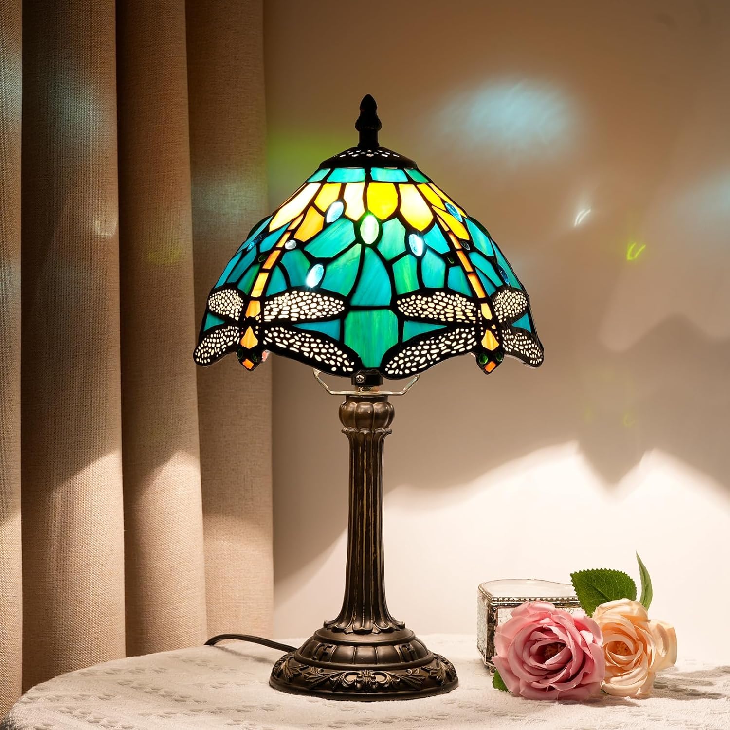 Tiffany Style Stained Glass Table Lamp Dragonfly Green Yellow Bedroom ...