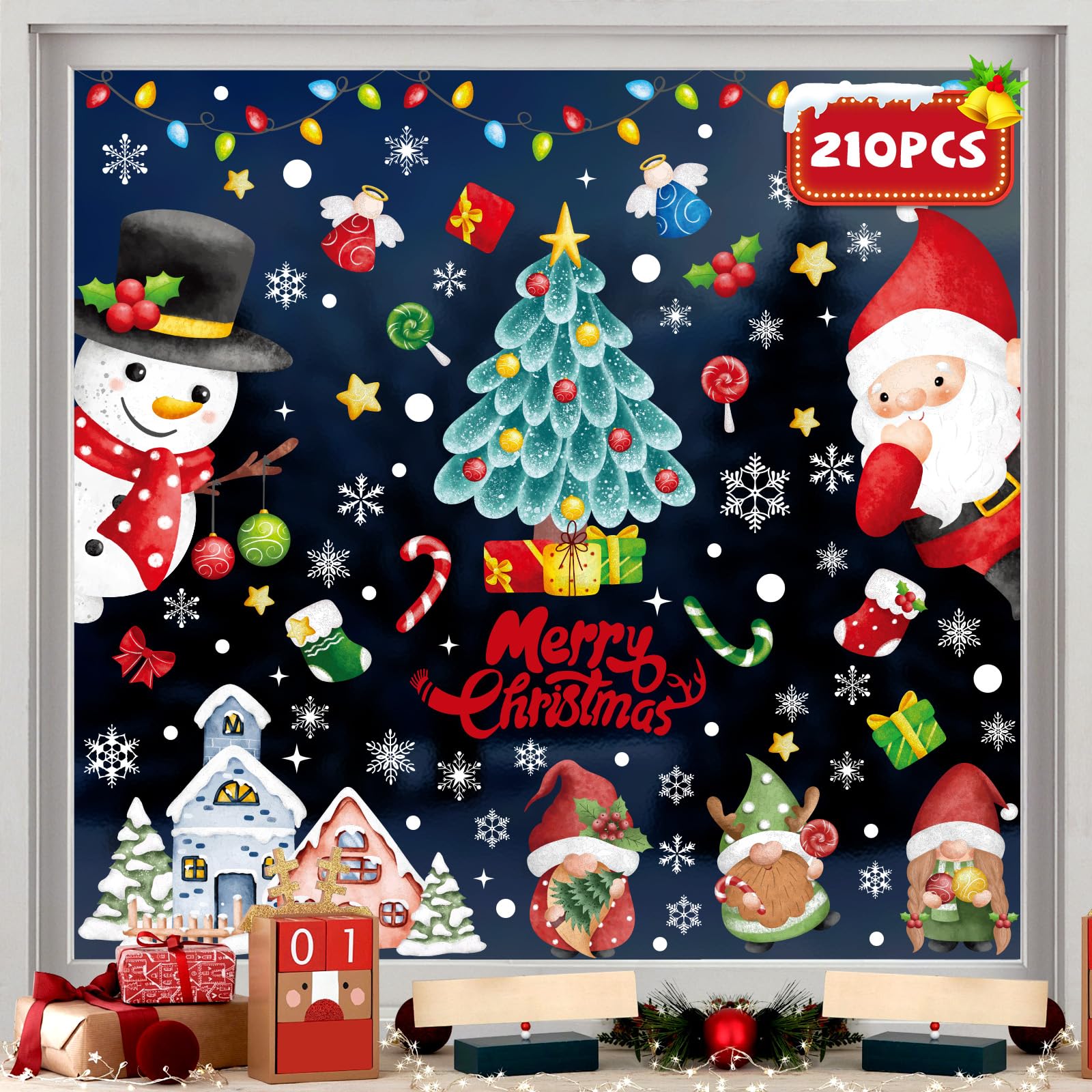 SCIONE 210Pcs Christmas Window Stickers, 9 Sheets Cartoon Christmas ...