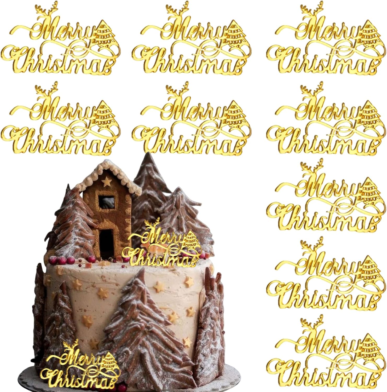 Amazon.com: 10 Pcs Merry Christmas Cake Topper Christmas Tree Elk ...