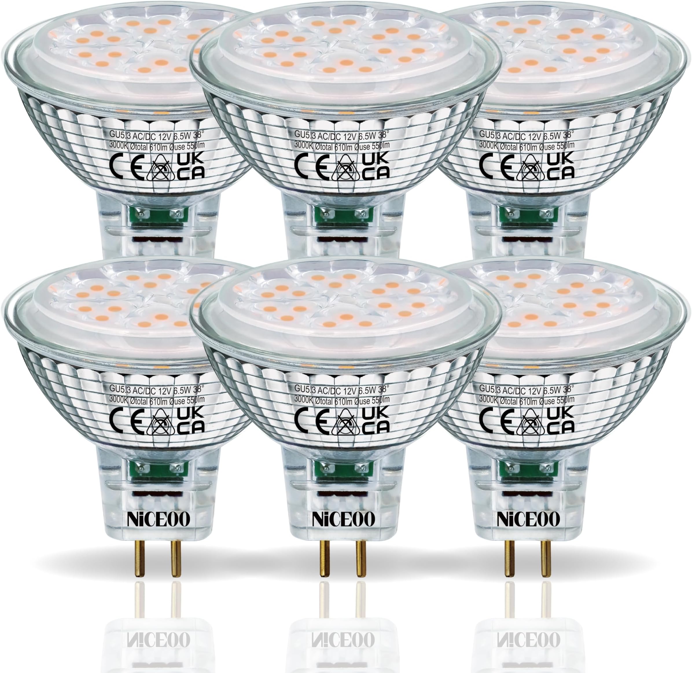 NICEOO MR16 GU5.3 LED Bulbs 6.5W, Warm White 3000K, 610LM AC/DC12V, 50W ...