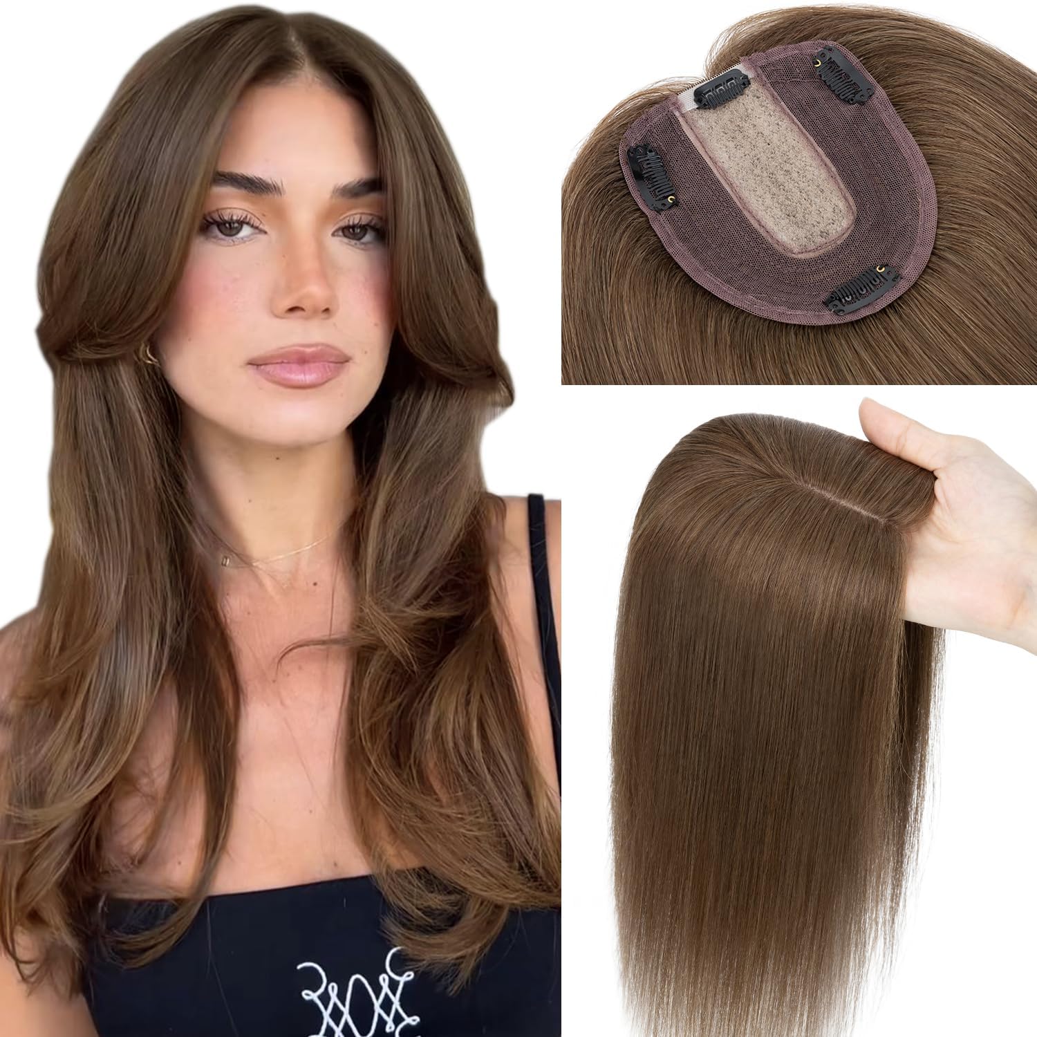 Hairro Brown Hair Toppers Clip in Human Hair Topper for Women 10x12cm ...