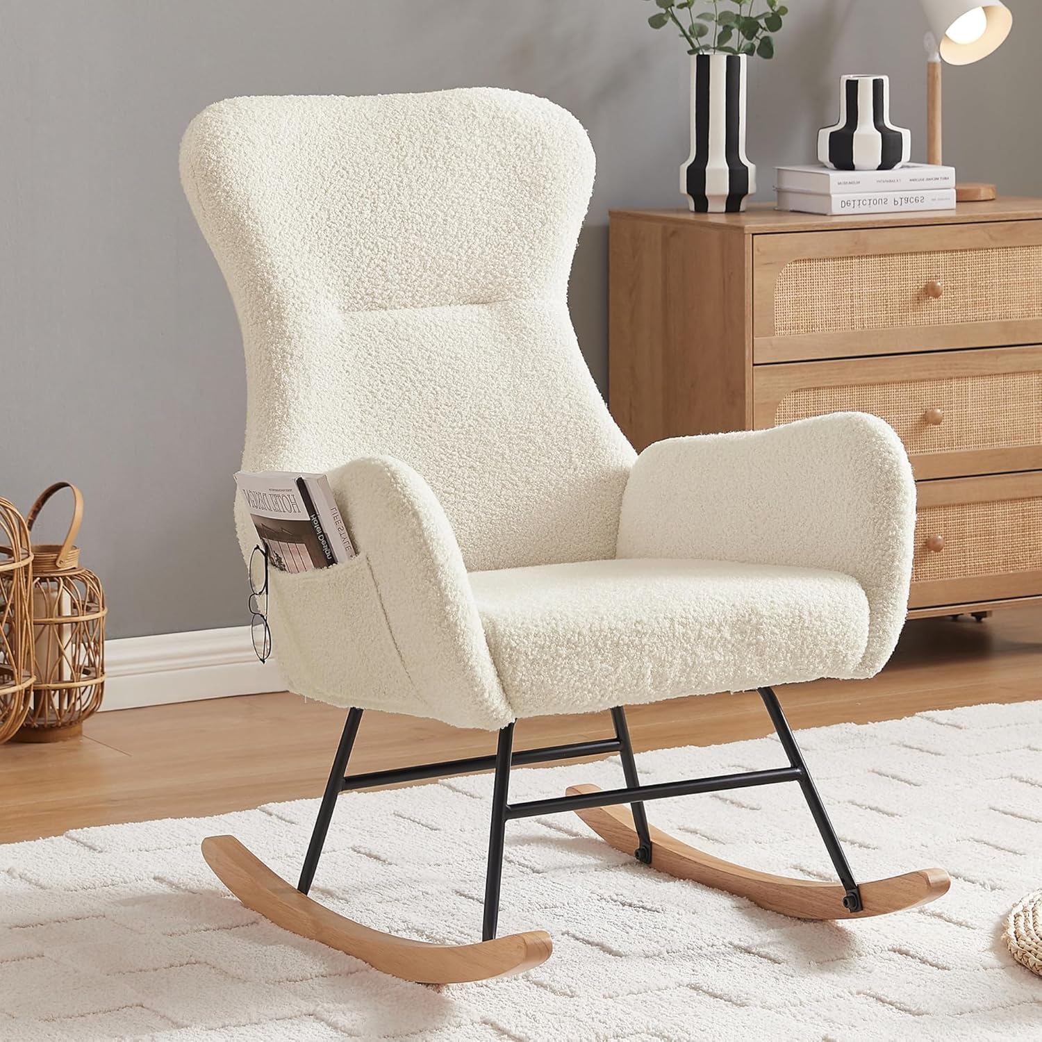 Amazon.com: Recaceik Rocking Chair Nursery Teddy Fabric Upholstered ...