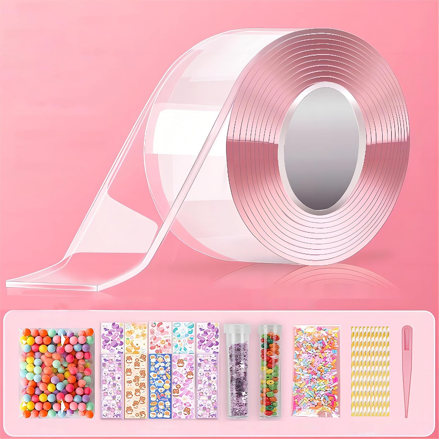 Wonlonda DIY Nano Tape Blowable Bubble Craft Kit Nano Adhesive Tape with Sequins and Straws Nano ...