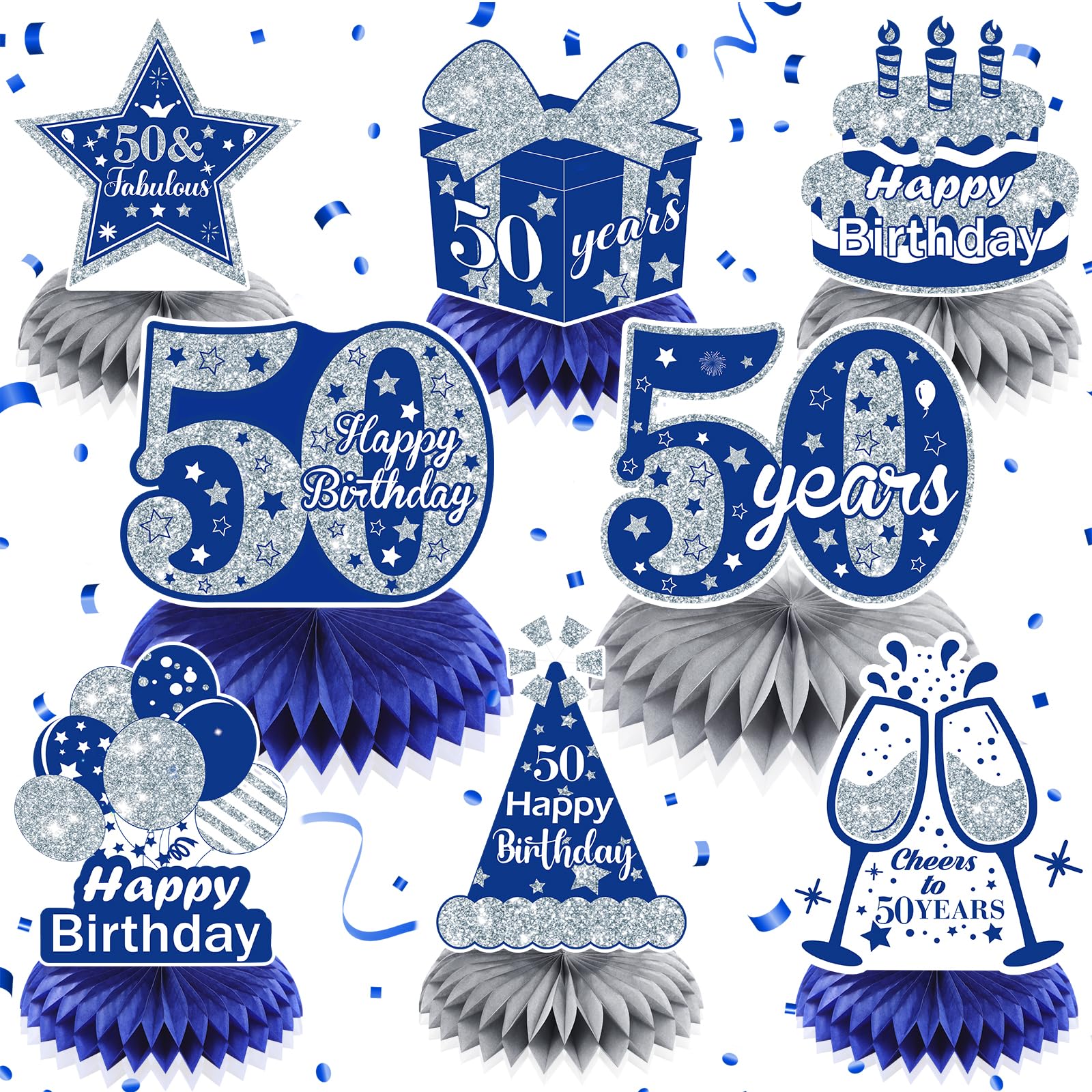 Amazon.com: 8Pcs Blue 50th Birthday Decorations Navy Blue Silver Happy ...