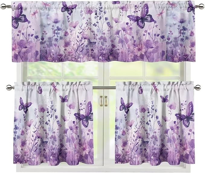 Amazon.com: CREAMIC Purple Butterfly Kitchen Curtains Tiers and ...