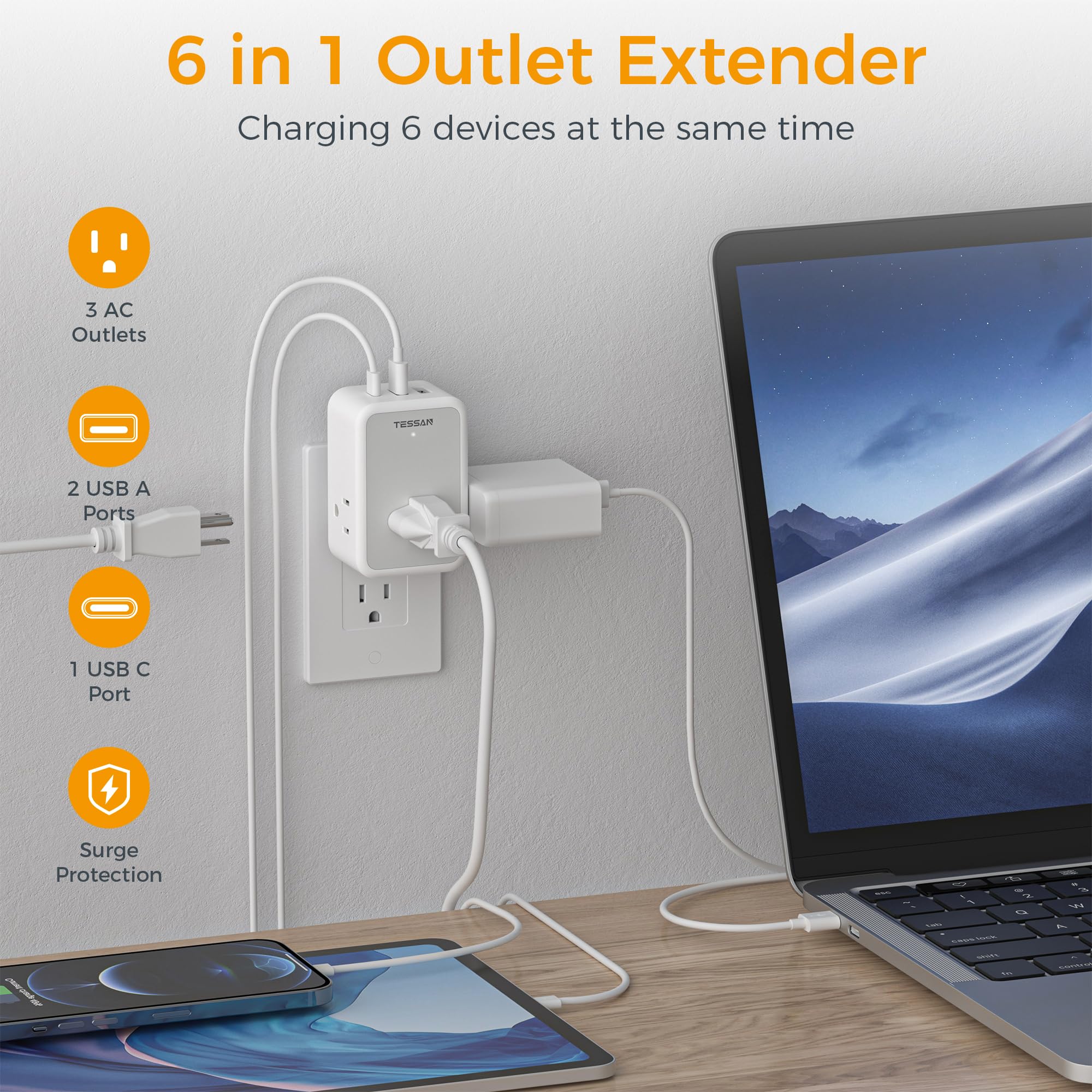 Snapklik.com : Multiple Plug Outlet Splitter, TESSAN Surge Protector 3 ...