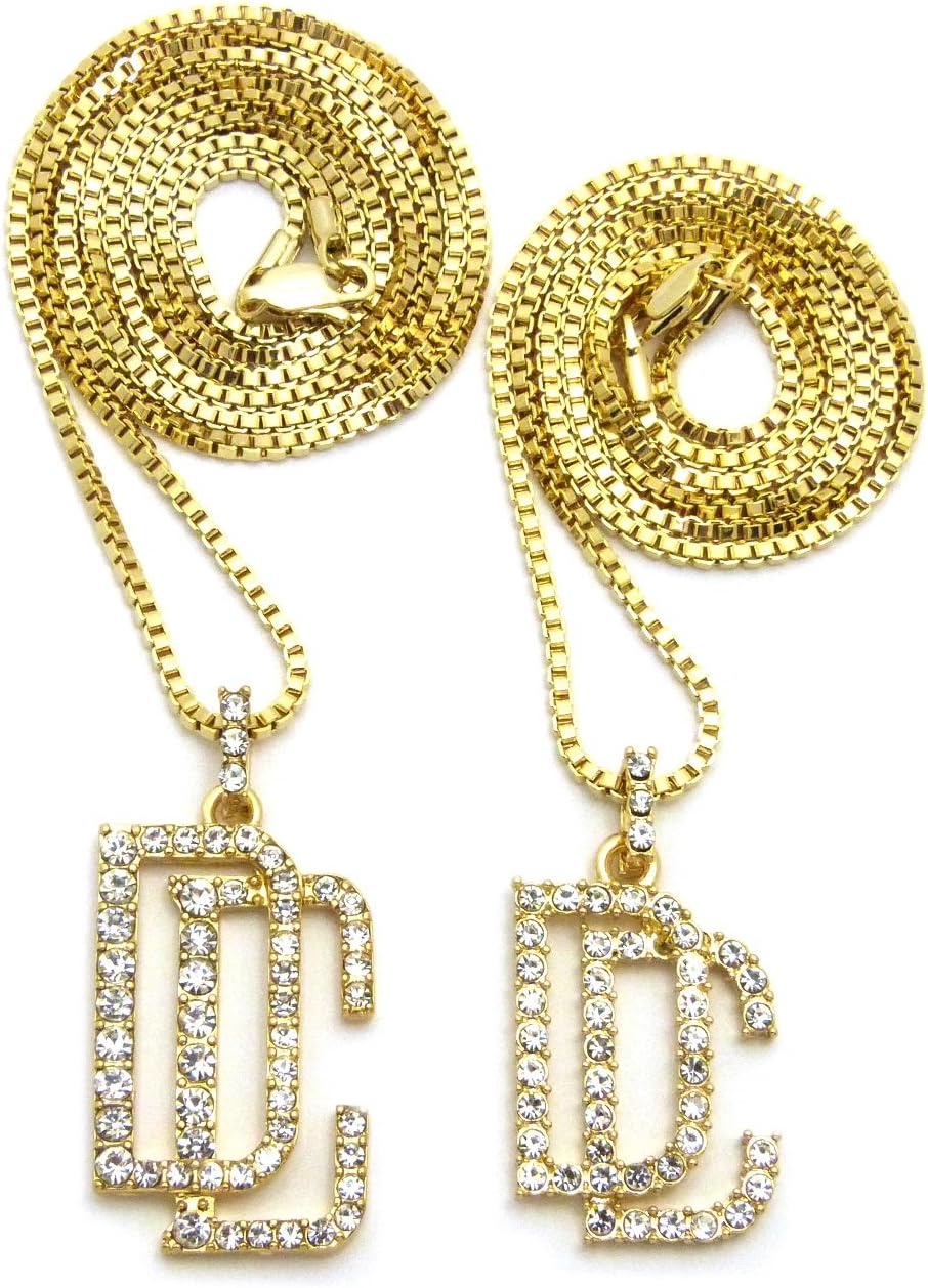 ICED OUT DREAM CHASERS 'DC' DOUBLE PENDANT & BOX CHAINS NECKLACE SET ...