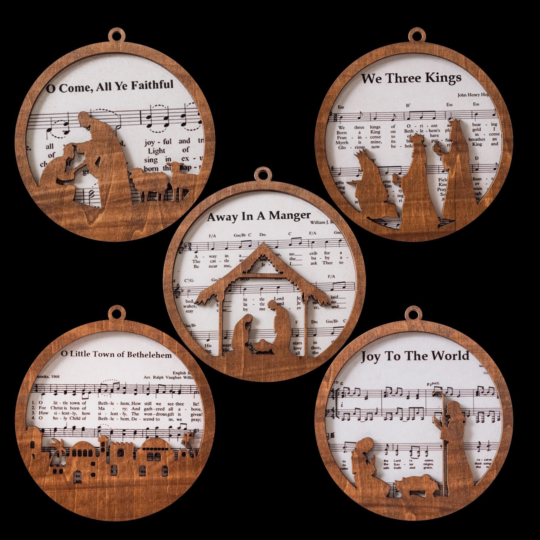 Pack of 5 Christmas Music Sheet Nativity Ornament Wooden Christian ...