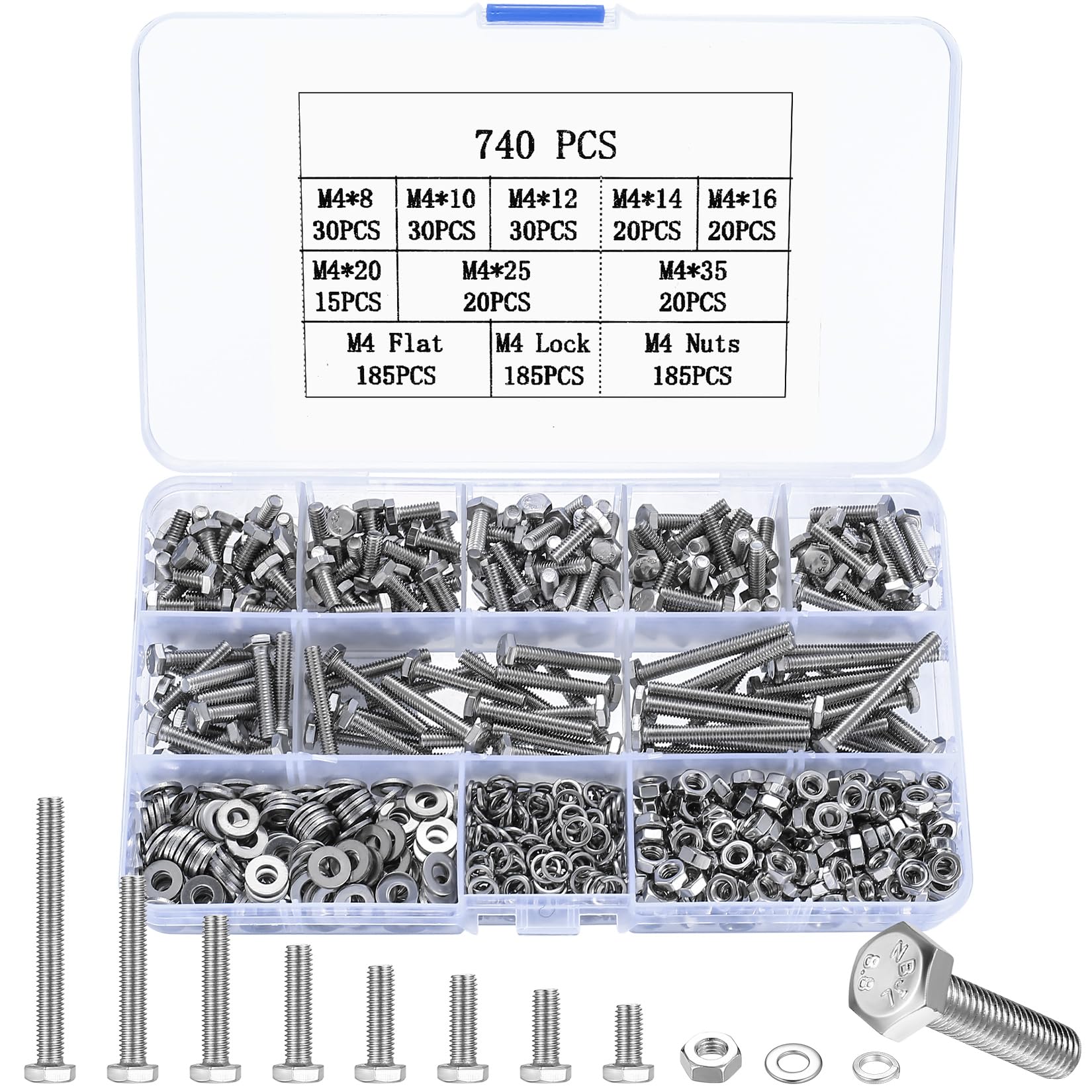 740 Pcs M4 Bolts and Nuts Set, Flat Hex Bolts, M4 Hex Bolts Sets, Metric Assorted Nuts and Bolts ...
