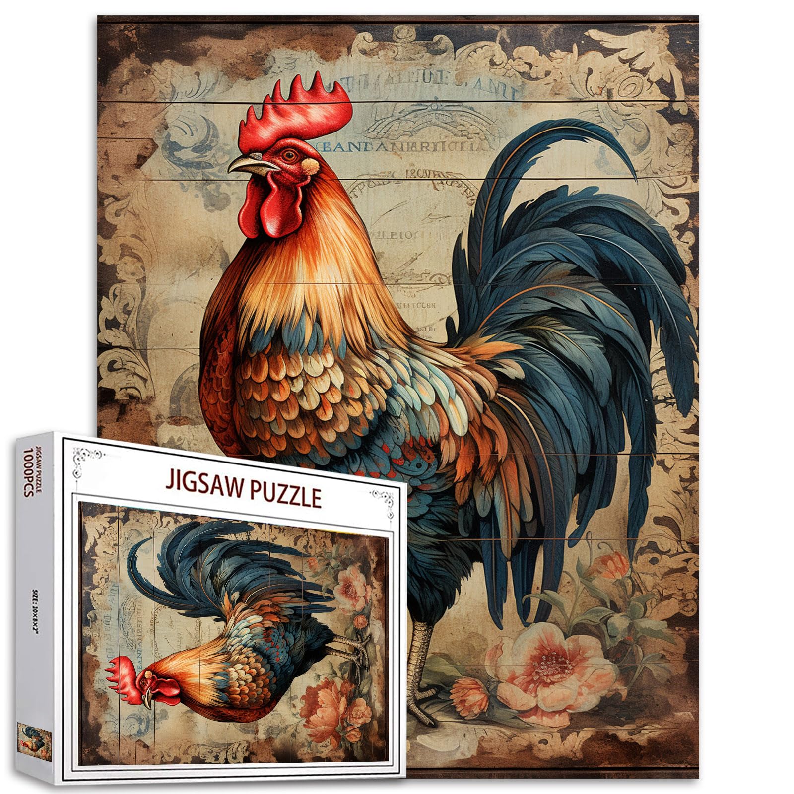 Amazon.com: Rustic Rooster Jigsaw Puzzle Chicken 1000 Piece Jigsaw Puzzles for Adults,Vintage ...