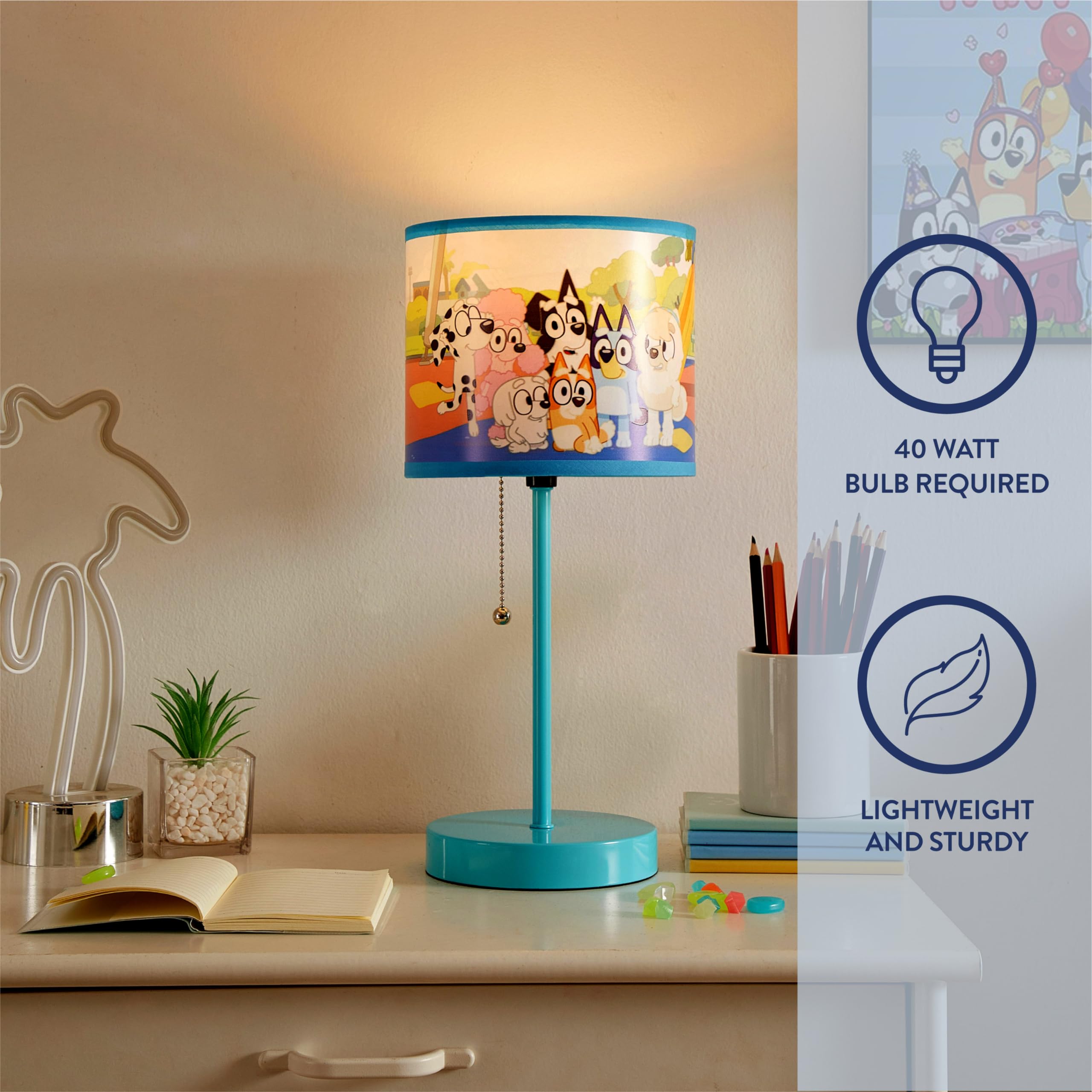 Idea Nuova Bluey Printed Shade Stick Table Lamp for Kids with Pull Chain