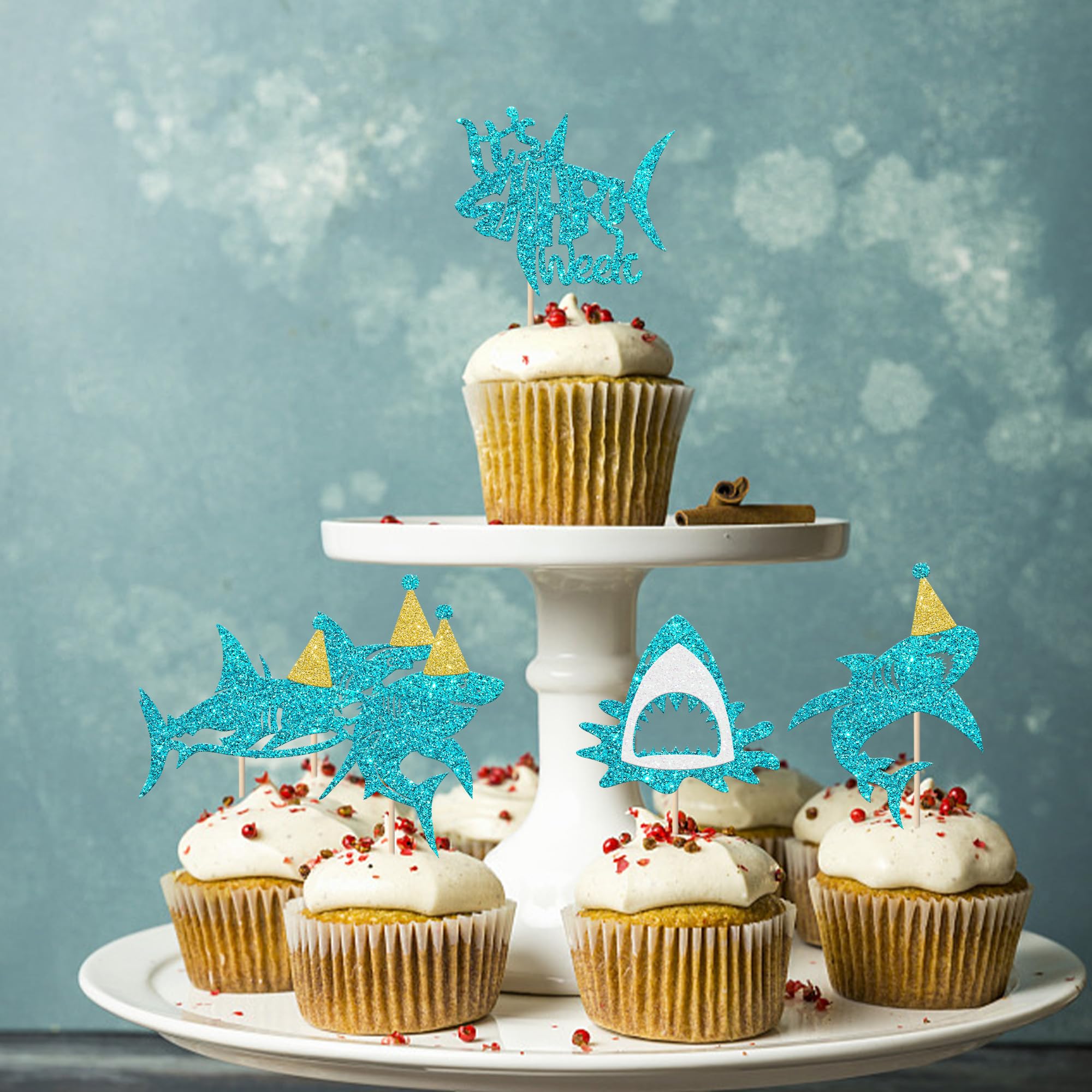 Cupcake Toppers ZHUOWEISM 24 PCS Shark Assembled Blue Glitter Baby ...