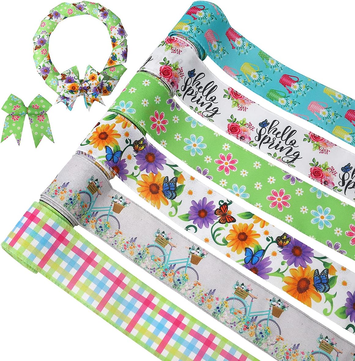 Amazon.com: 6 Rolls Spring Wired Edge Ribbon Floral Daisy Butterfly ...