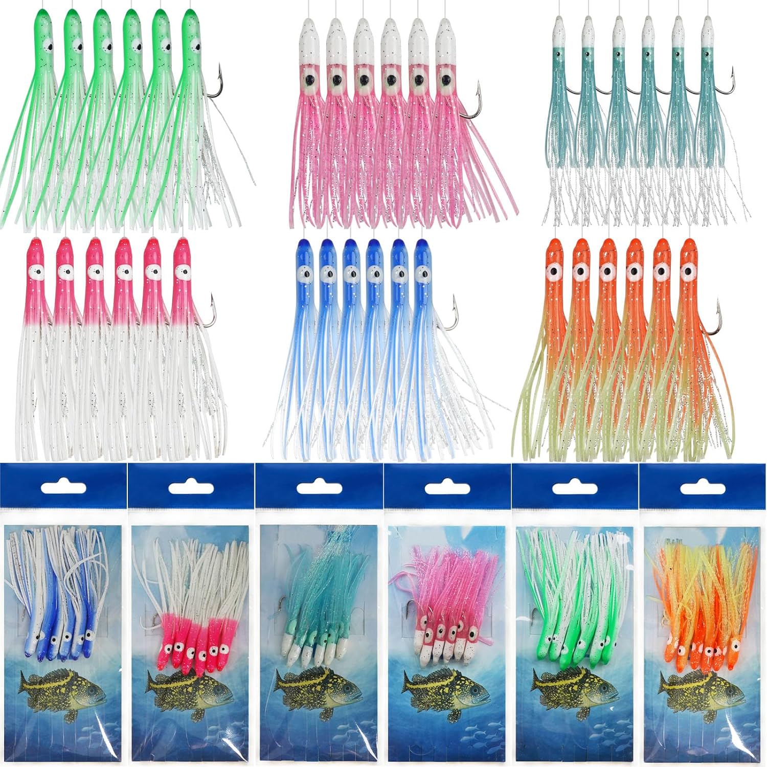 Amazon.com : Fishing Squid Bait Rigs 6 Pack Mix Color Soft Plastic ...