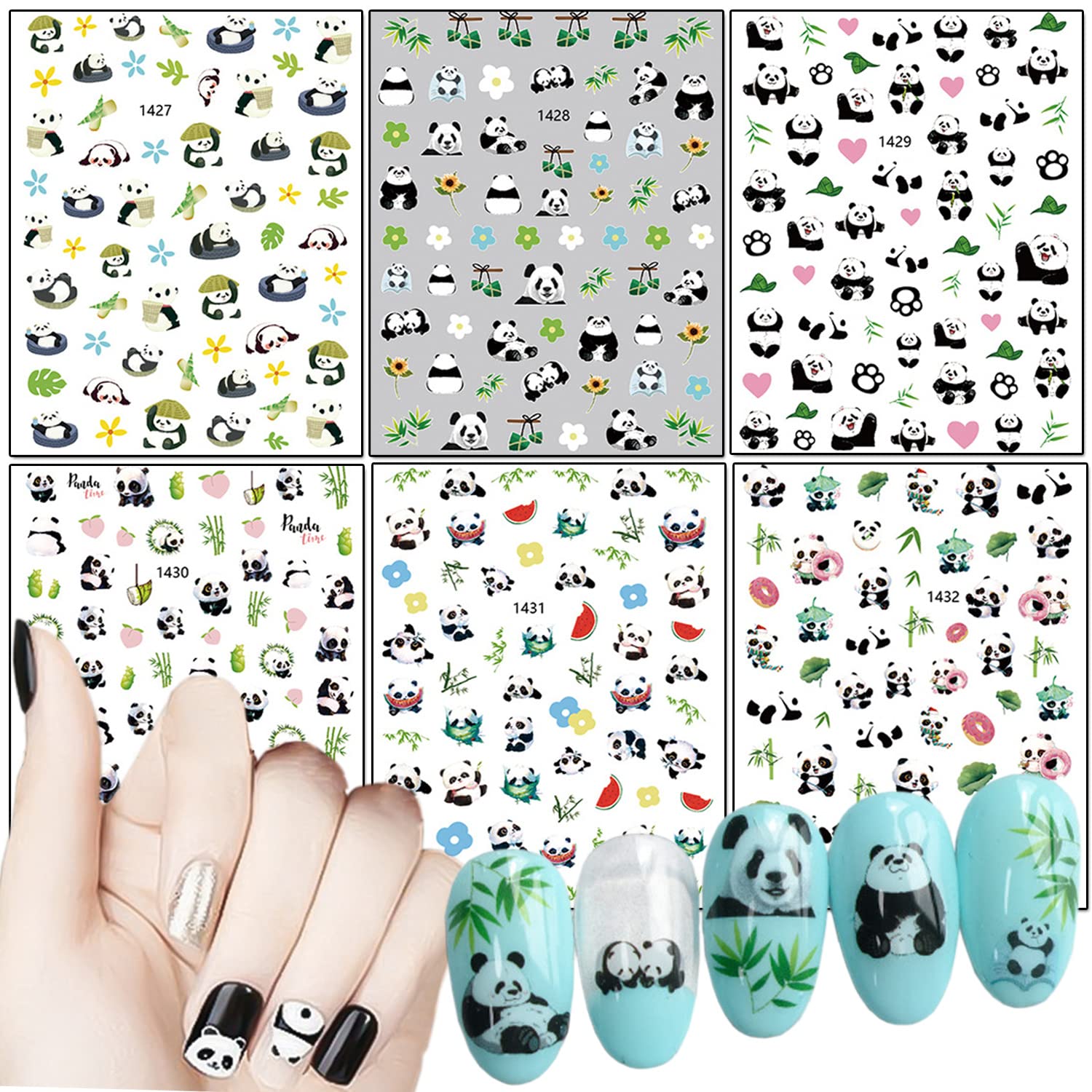 Amazon.com: Cartoon Panda Nail Art Stickers, 3D Animal Panda Nail Self ...