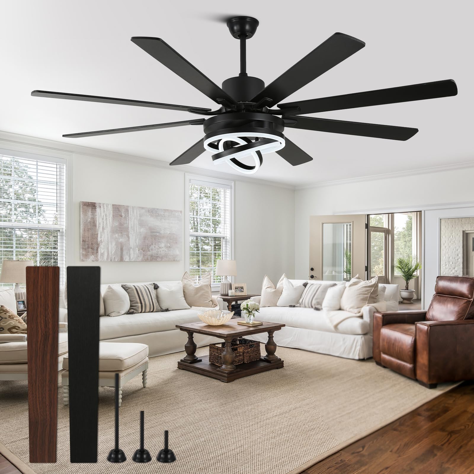 Curve Curio Black Ceiling Fans with Lights and Remote, 72 Inch Indoor ...