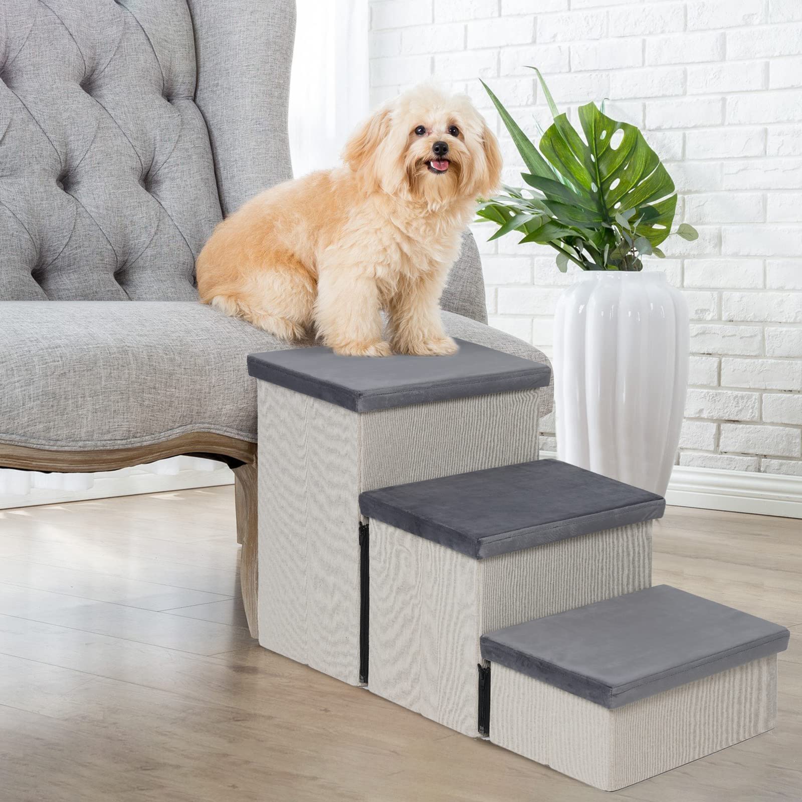 Foldable Dog Stairs with Storage for Small Dogs, 3 Tiers Non-Slip Pet ...