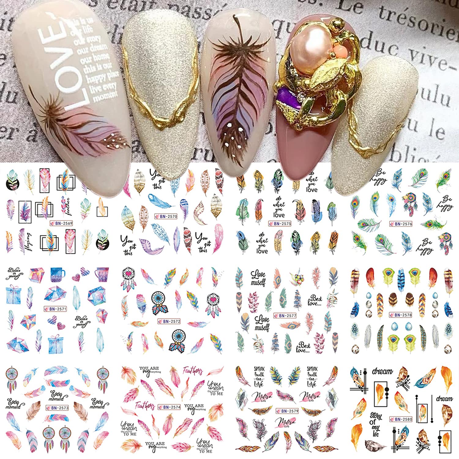 Amazon.com: 12 Sheets Nail Water Transfer Decals, Nail Art Stickers for ...