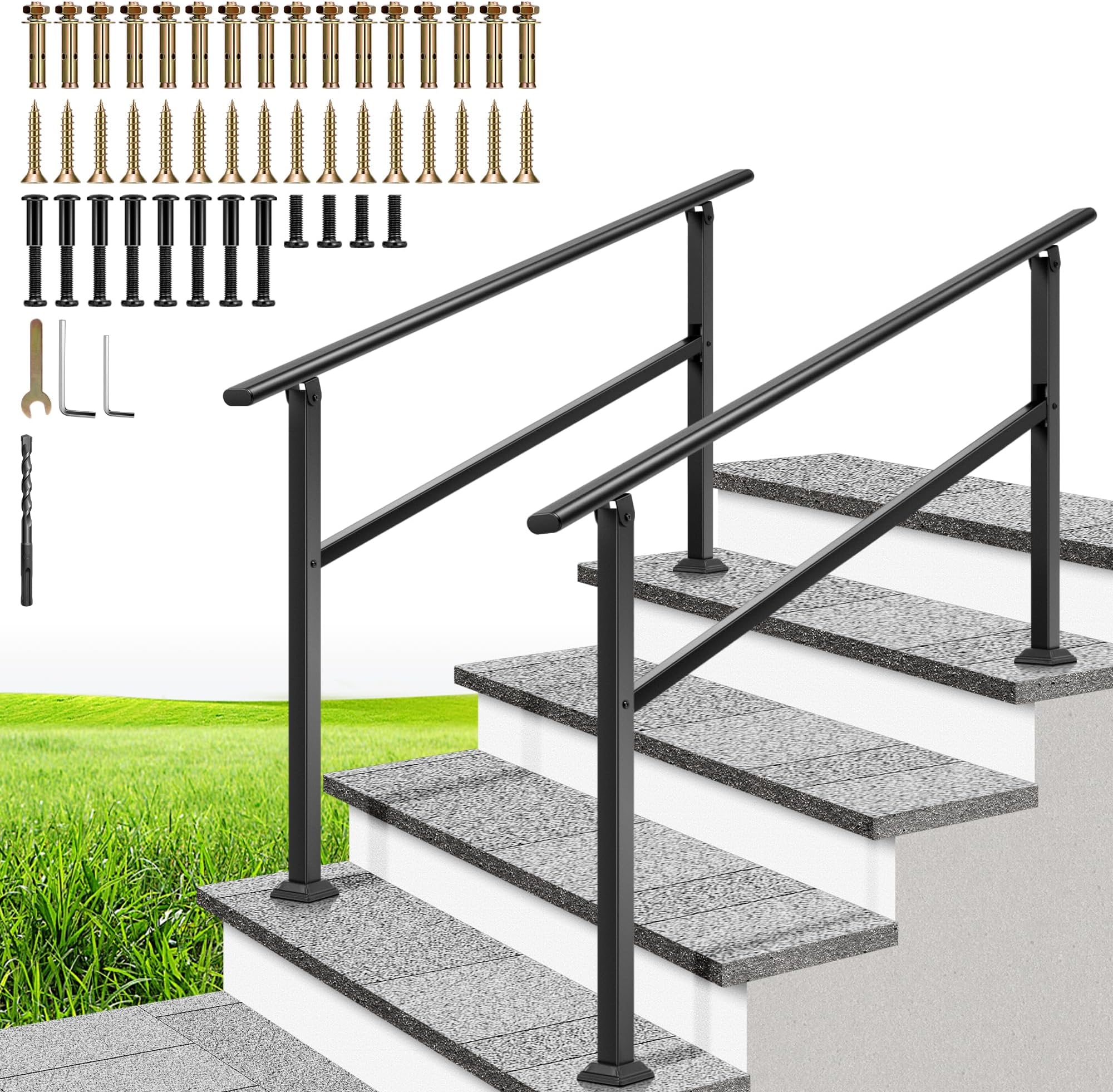 LOVMOR 2 Step Hand Rails for Outdoor Steps, Wrought Iron Railing ...