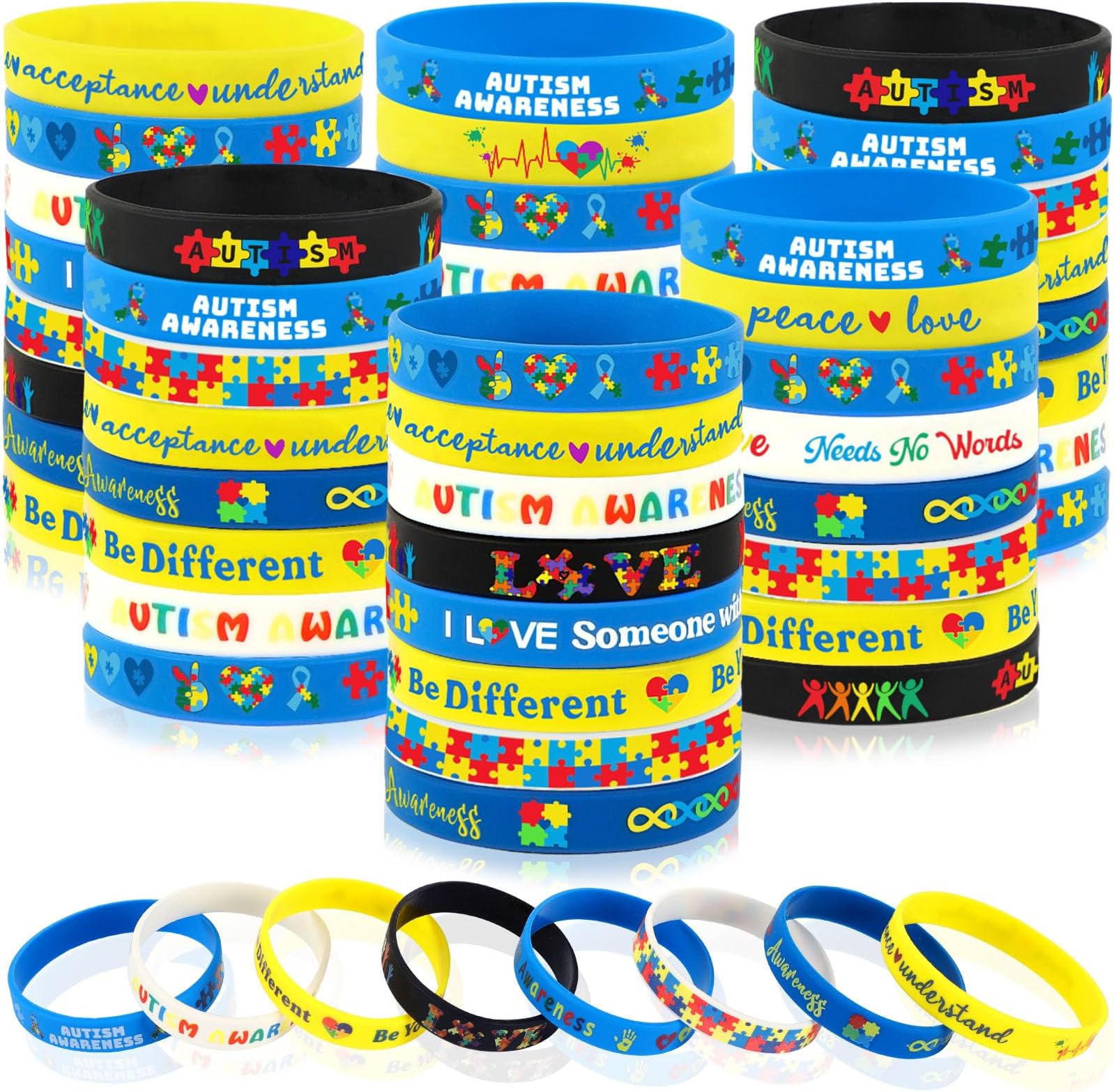 Amazon.com: WATINC 48Pcs Autism Awareness Silicone Bracelets Colorful ...