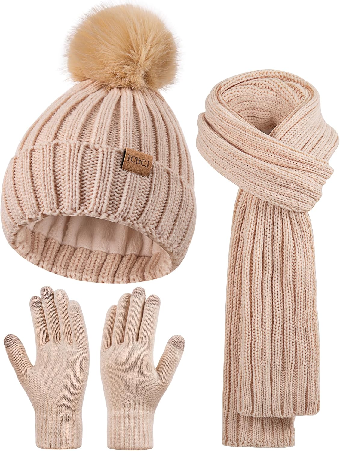 Winter Beanie Hat Scarf Gloves Set for Women Fleece Lined PomPom Hat ...