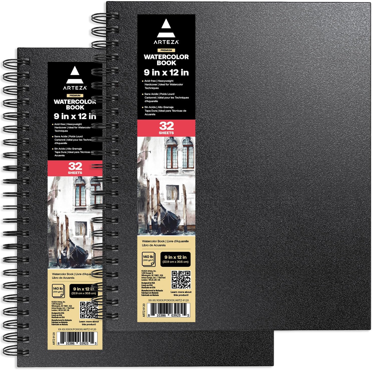 Arteza Watercolor Sketchbooks, 9x12-inch, 2-Pack, Black Hardcover Journal, 64 Sheets, 140lb/300 ...