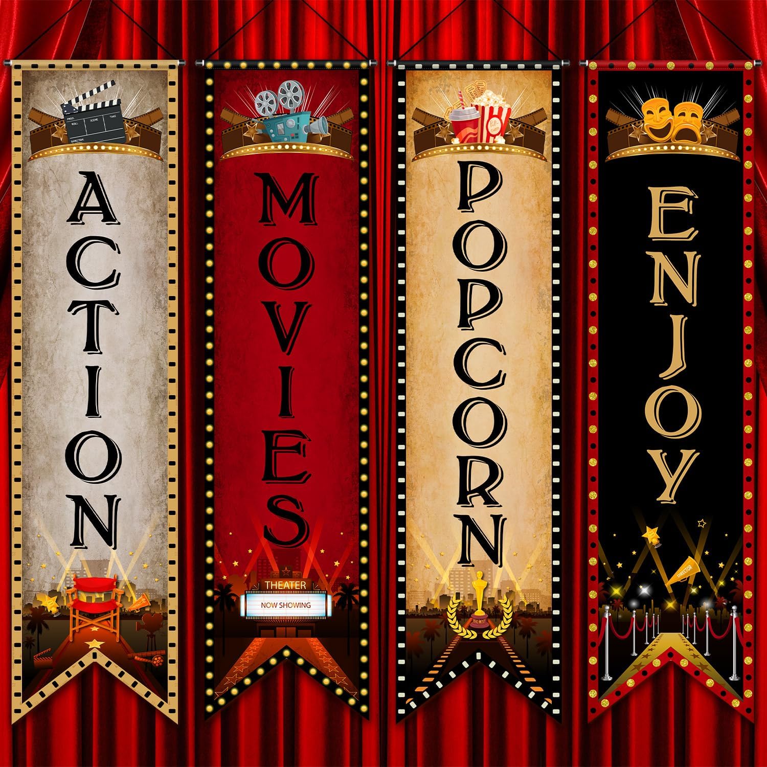 Amazon.com: Blulu 4 Pcs Movie Night Porch Sign Banner Movie Theme Party ...
