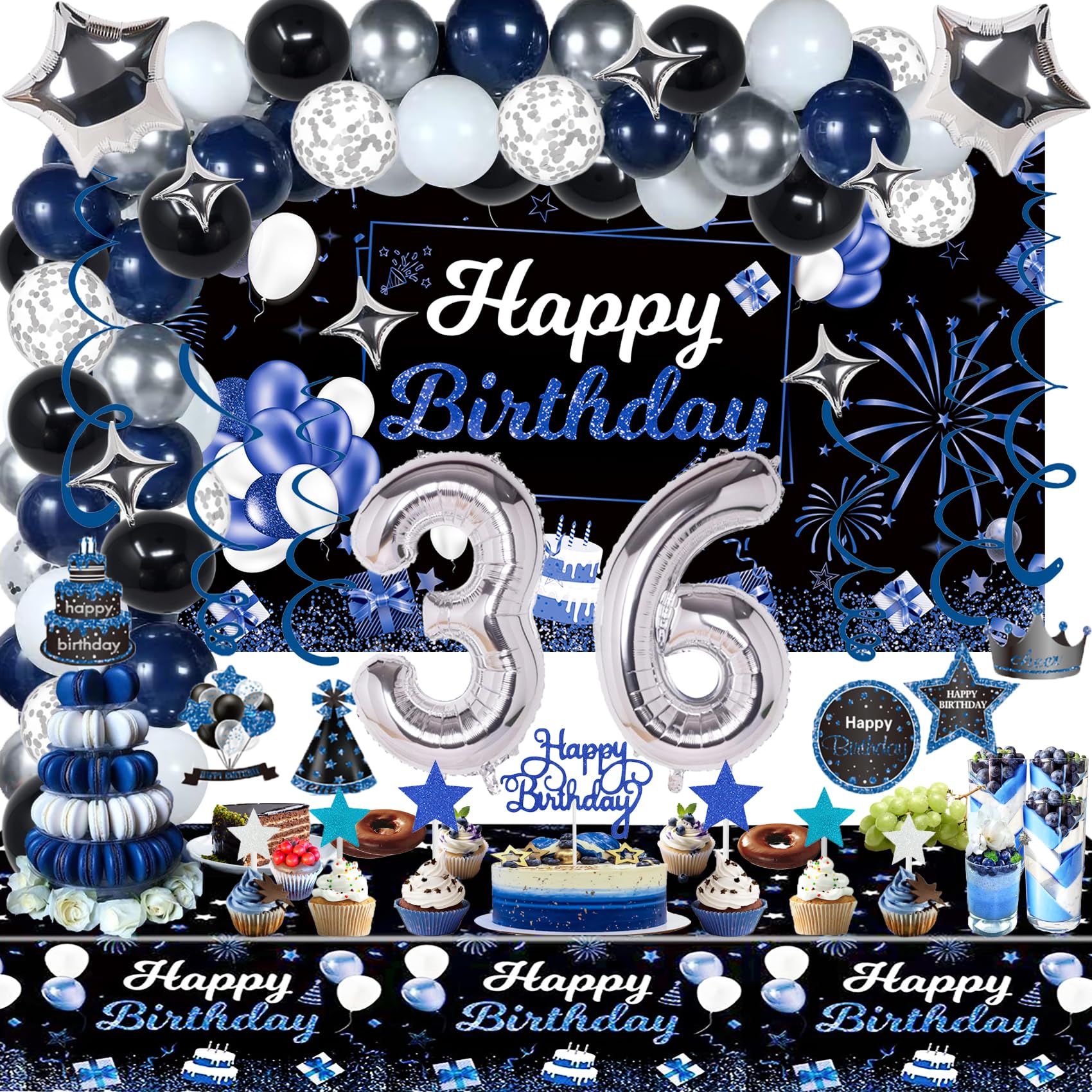 Amazon.com: Miidenks 36th Birthday Decorations Set for Men, Navy Blue ...