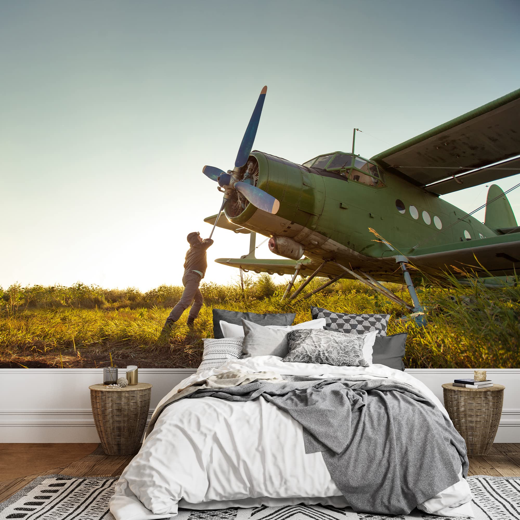 wall26 - Pilot is Starting Engine of Vintage Plane Rural Background ...