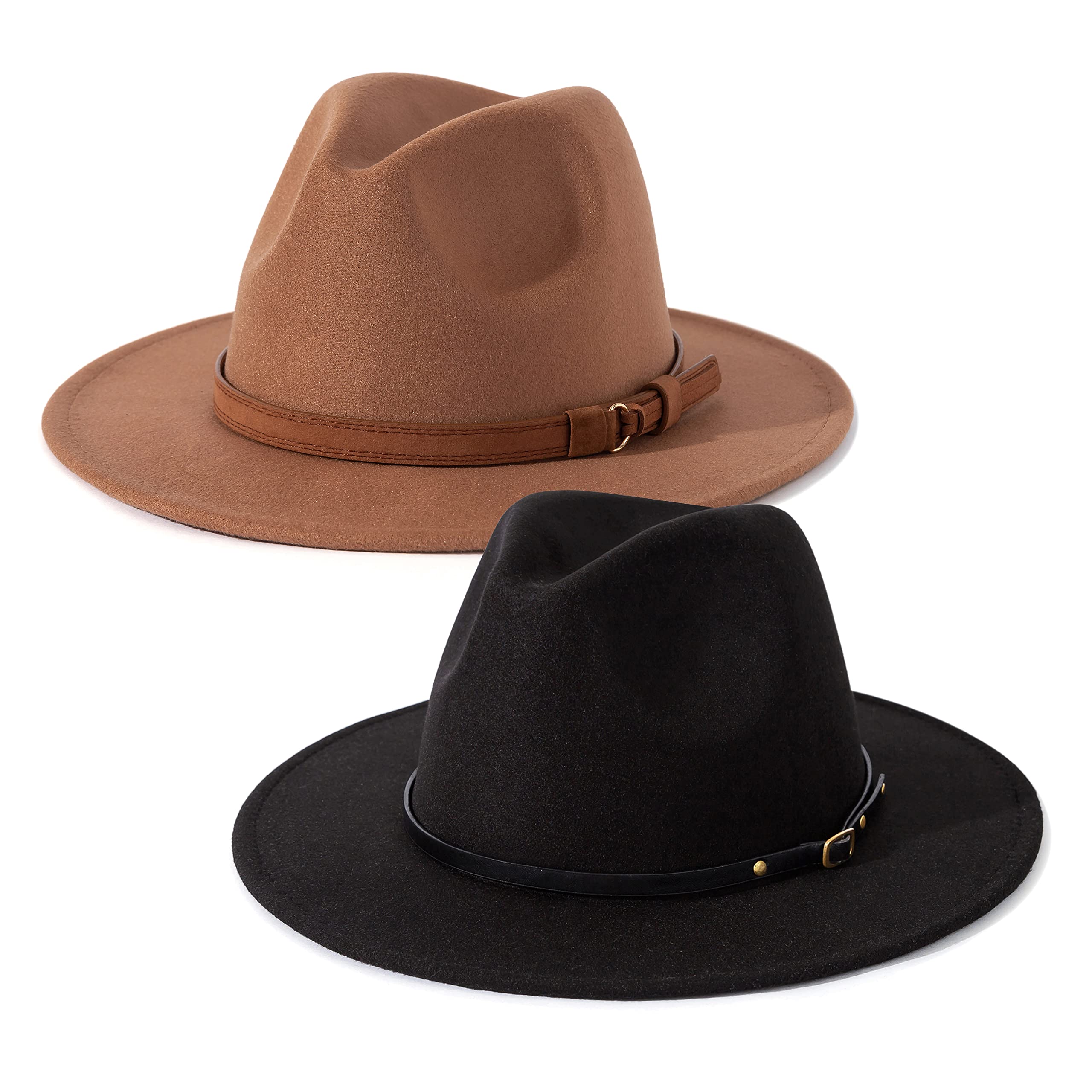 Snapklik.com : 2 Pack Women & Men Classic Wide Brim Belt Buckle Fedora Hat Set 2