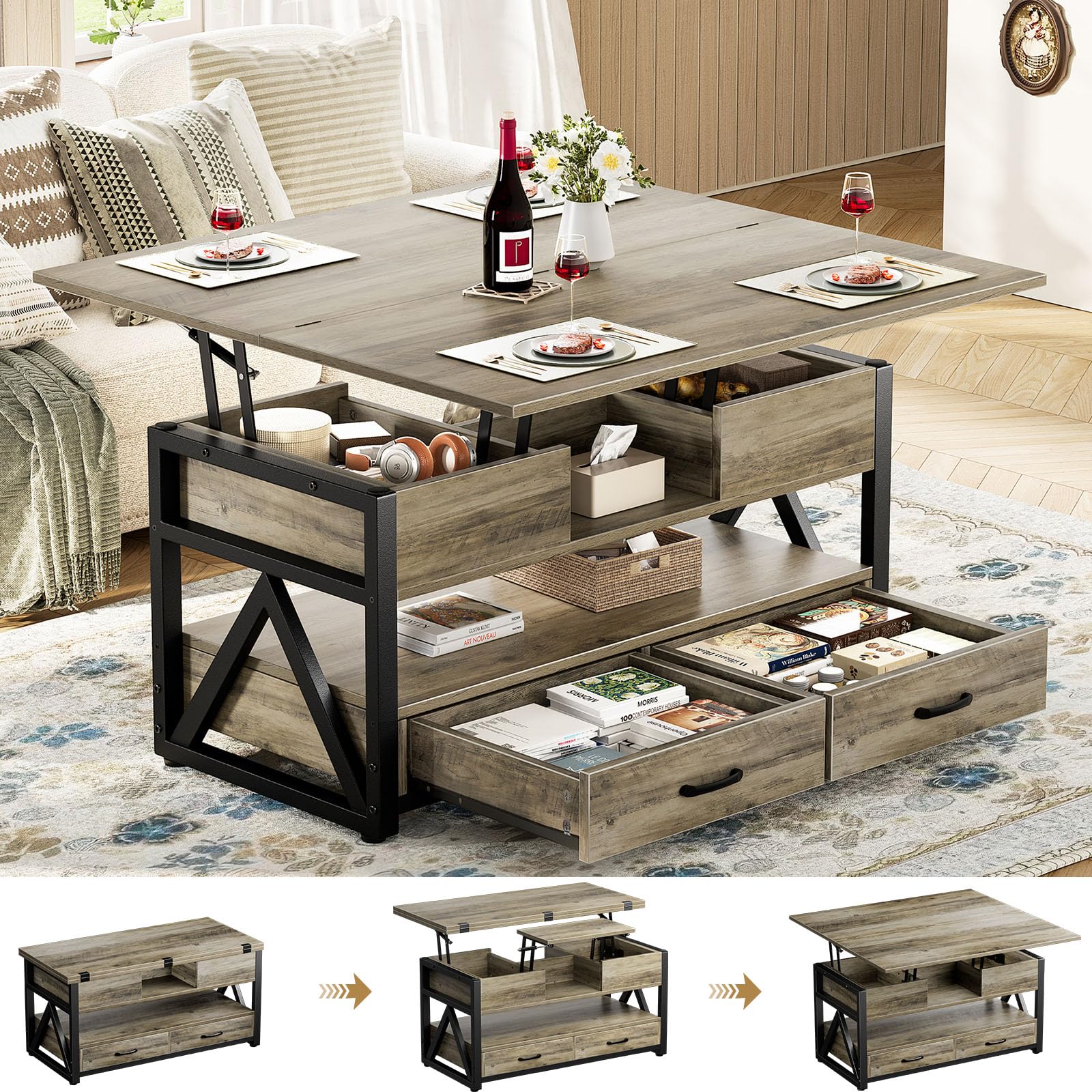 Amazon.com: Memobarco 40" Lift Top Coffee Table,4 in 1 Multi-Function ...