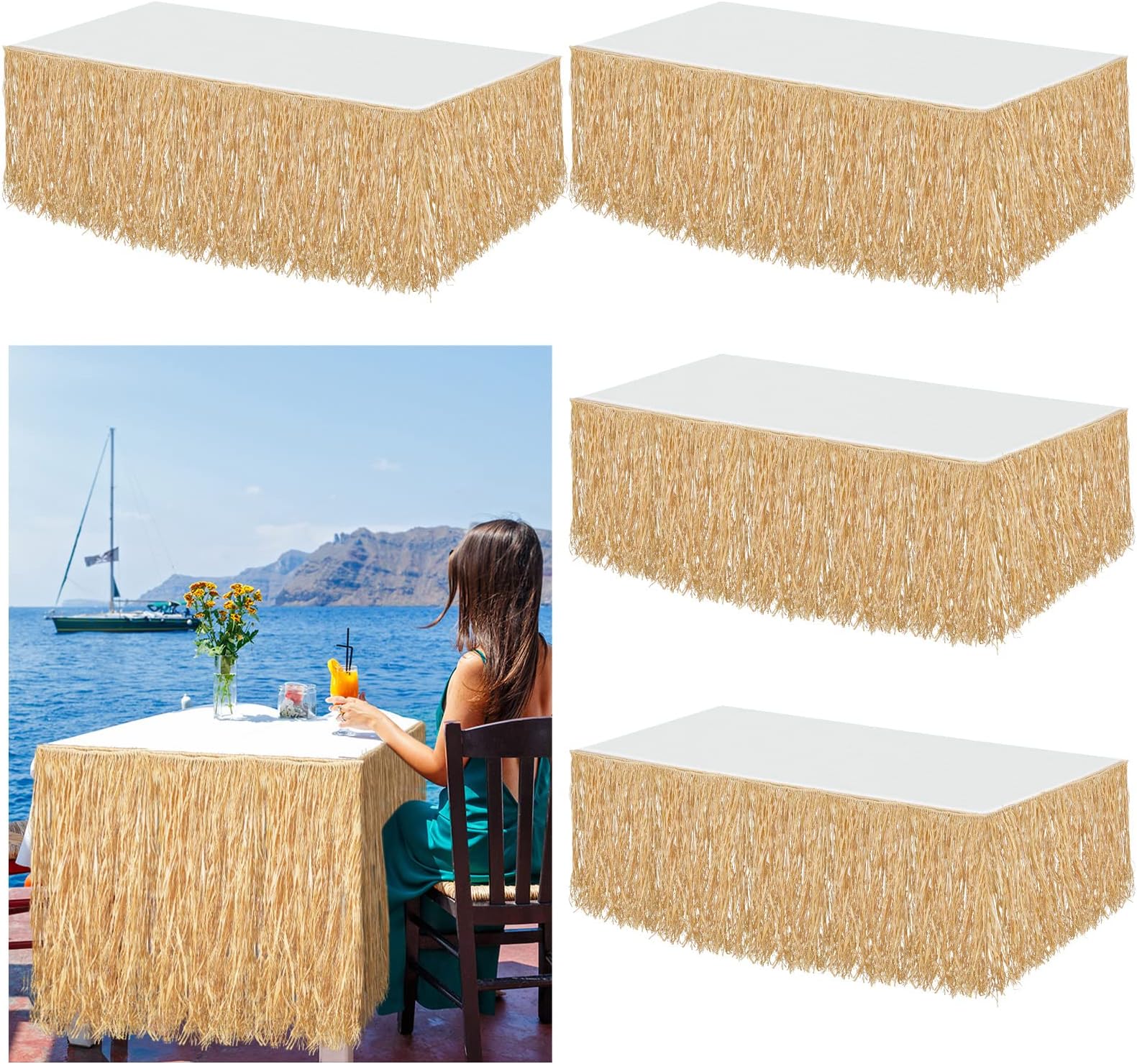 Amazon.com: Hawaiian Luau Grass Raffia Fringe Banner Table Skirt for ...