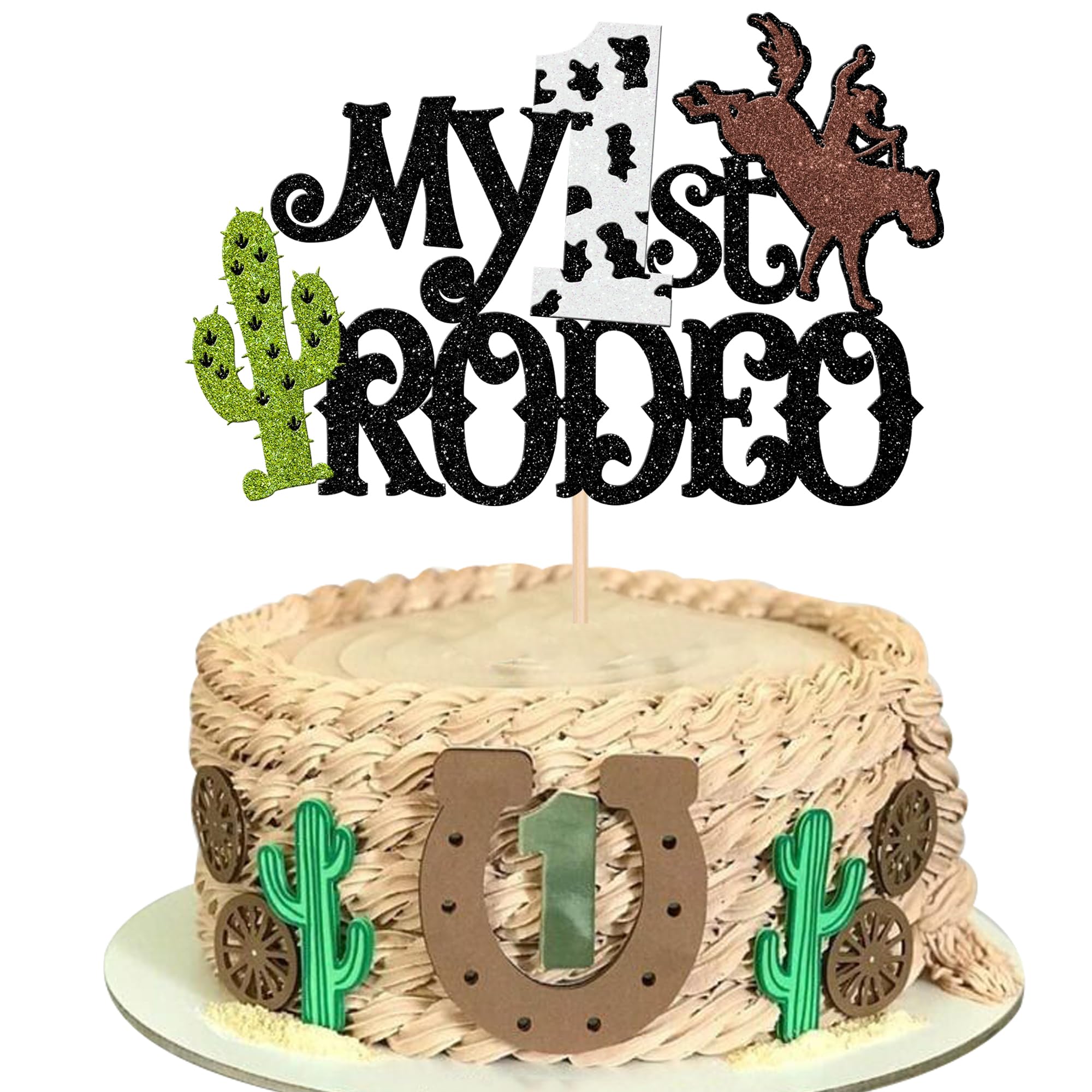 Amazon.com: 1 PCS My 1st Rodeo Cake Topper Brown Glitter Cactus First ...