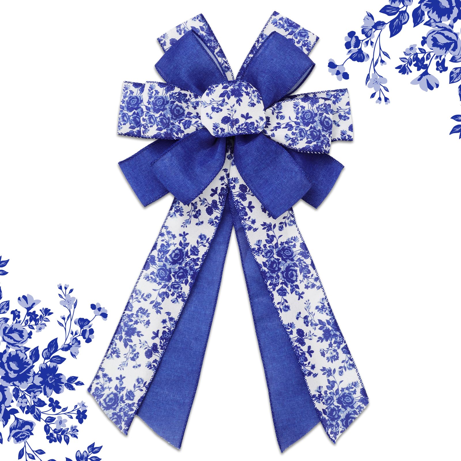 Amazon.com: FYSUIMU Blue White Floral Bow Vintage Flower Wired Edge Bow ...