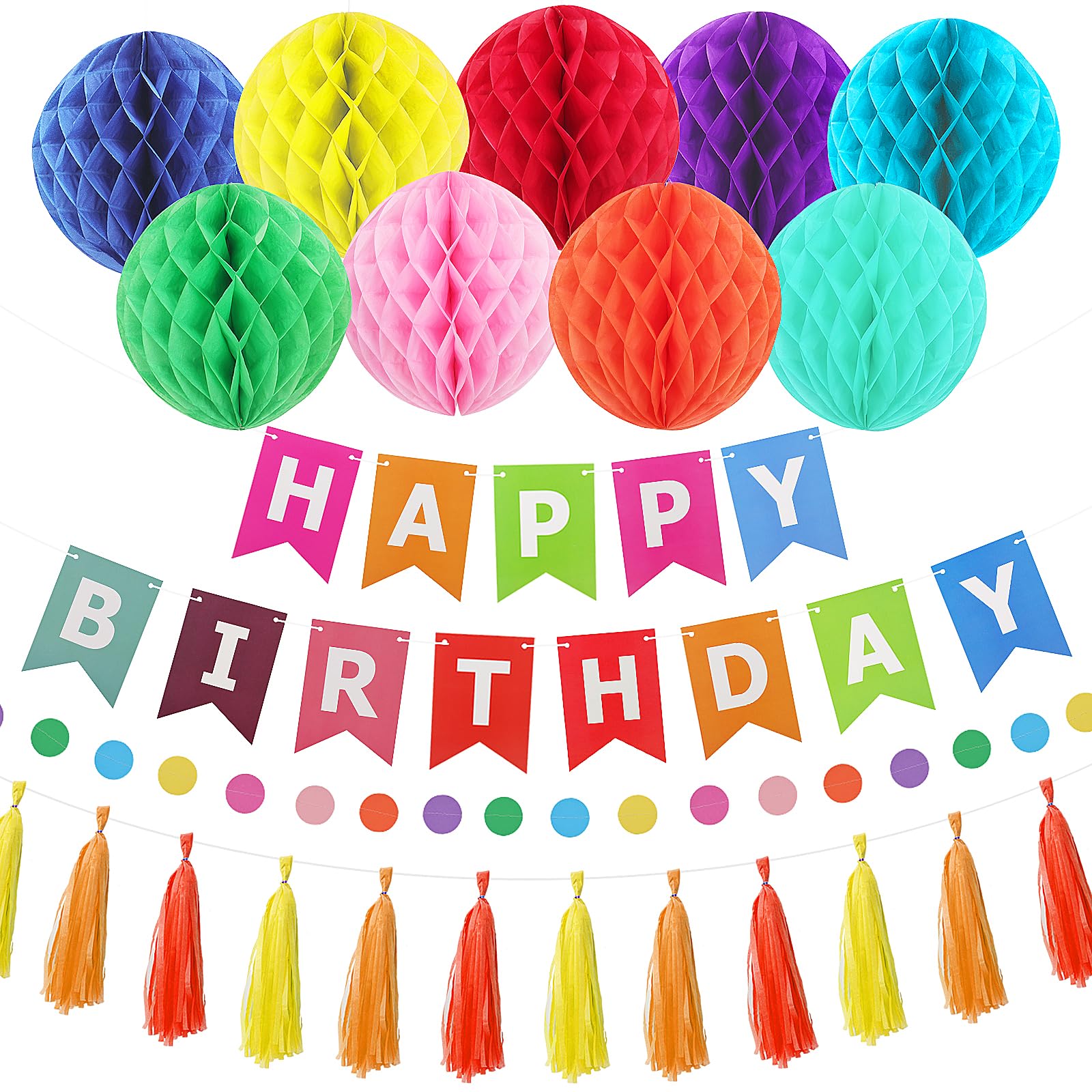 Amazon.com: RUBFAC Rainbow Birthday Decorations Set, Colourful Happy ...