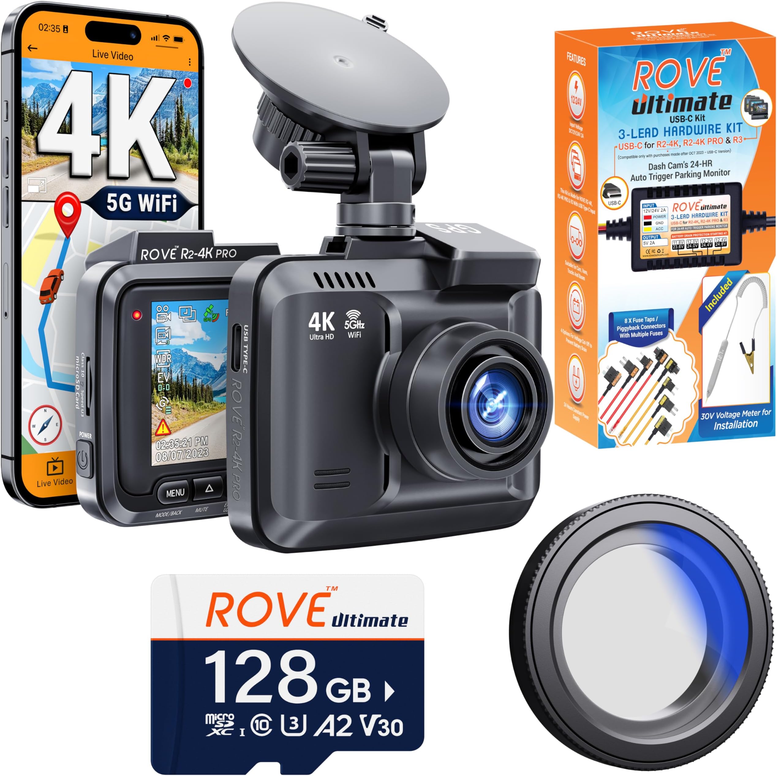 Amazon.com: ROVE R2-4K PRO Dash Cam | Hardwire Kit | 128GB Micro SD ...