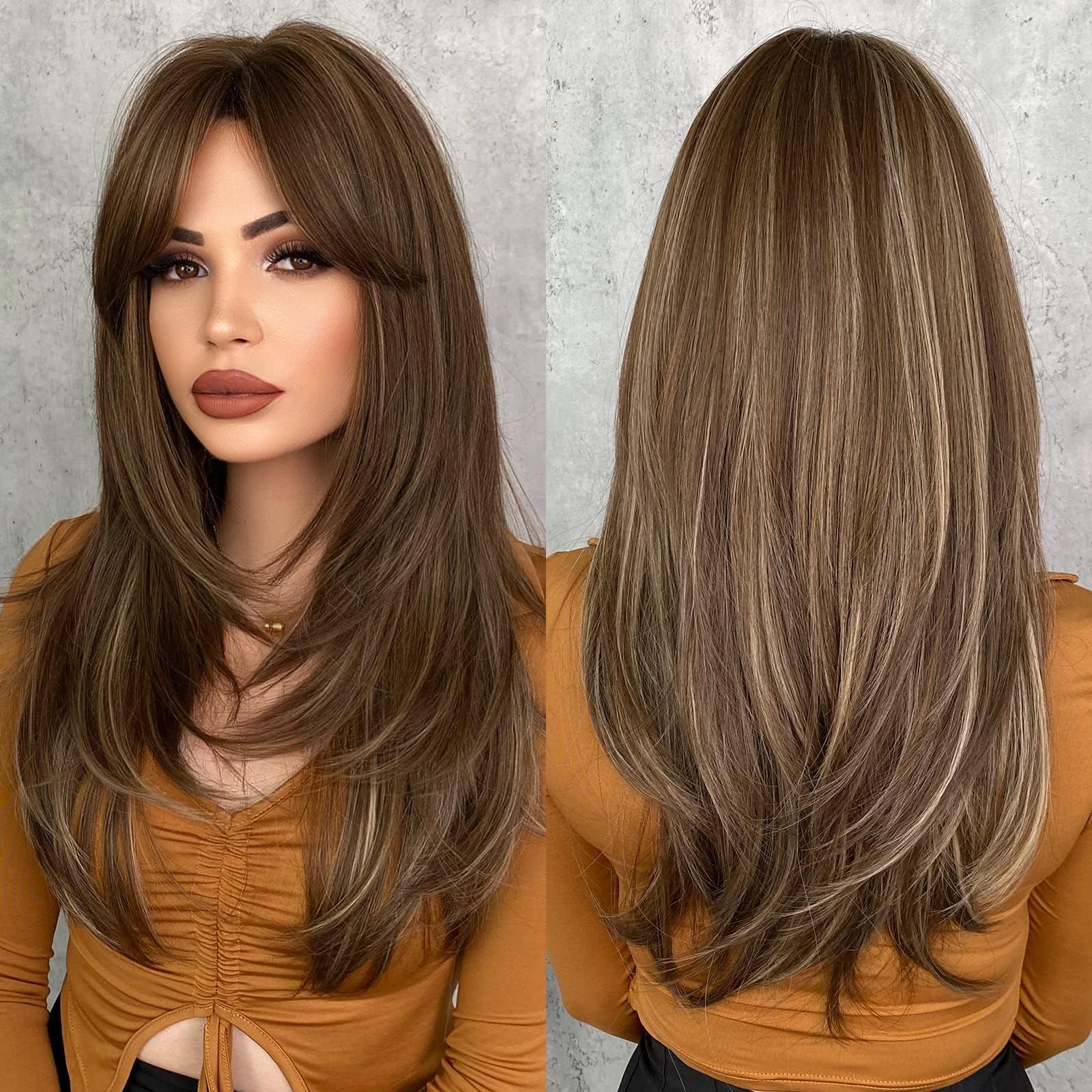 Amazon.com : Mayouda Highlight Brown Long Layered Wig With Curtain ...
