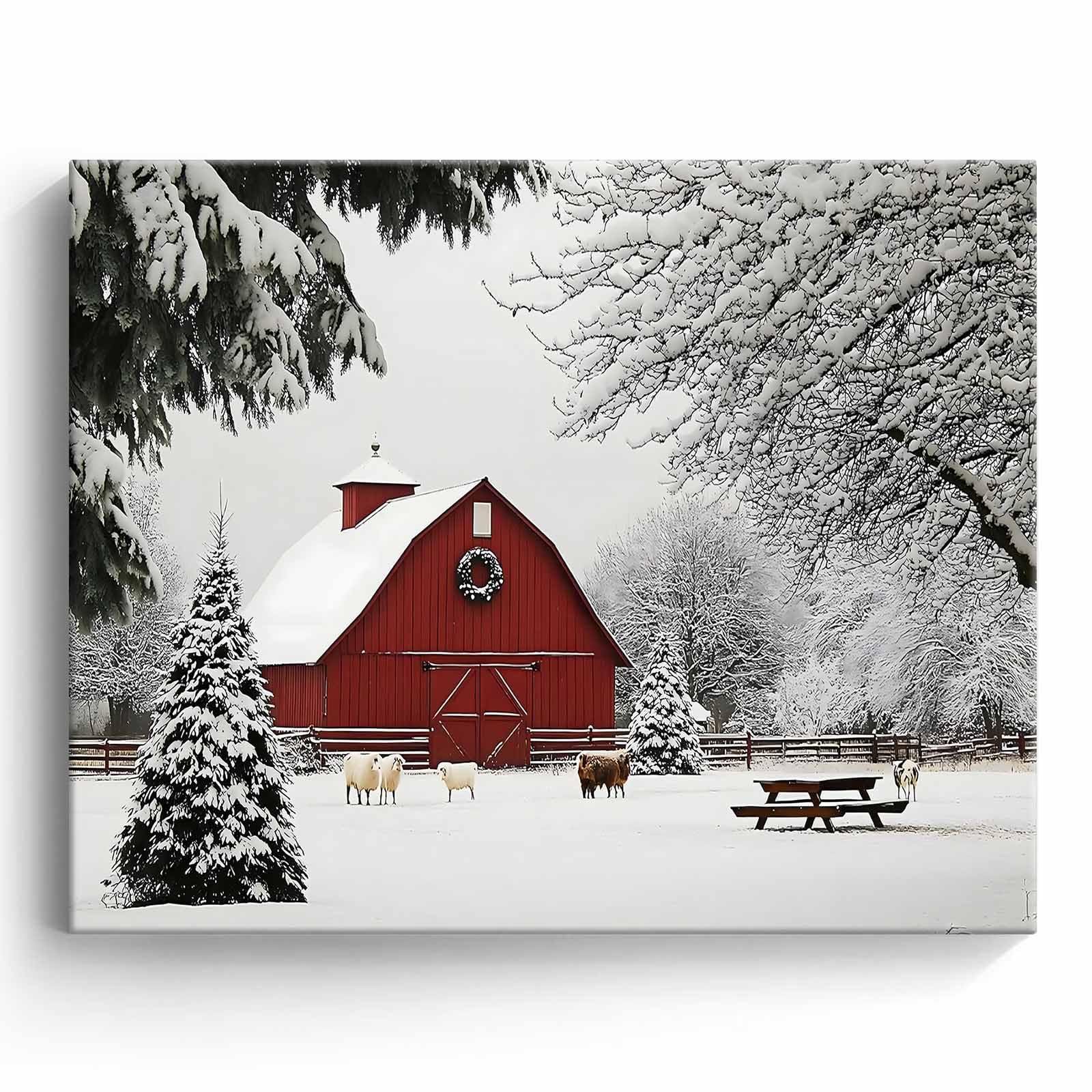 Amazon.com: Christmas Farmhouse Canvas Wall Art Decor - Rustic Red Barn ...