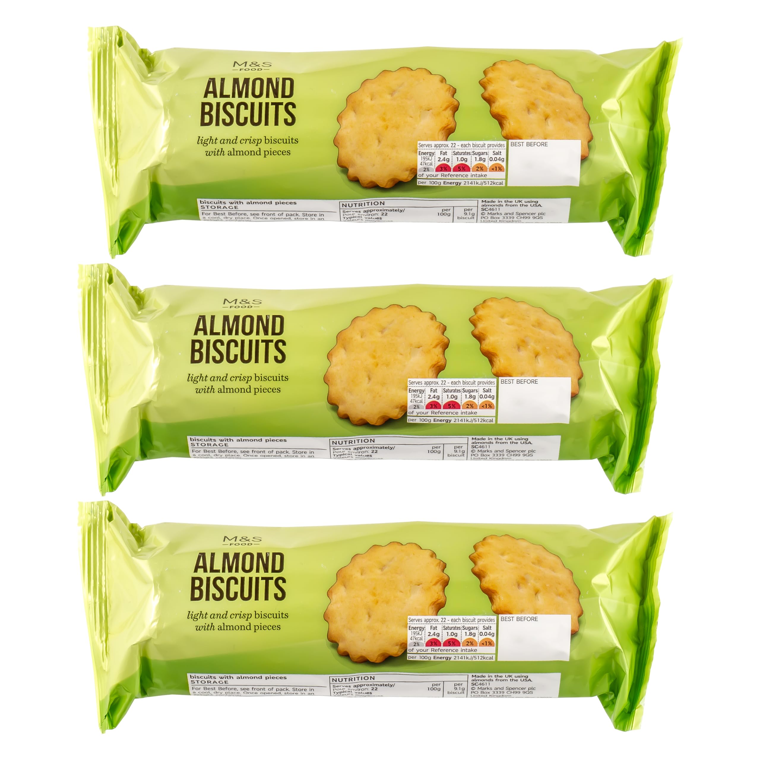 M&S Almond Biscuits, Light & Crisp with Almond Pieces - 600g (3 x 200g ...