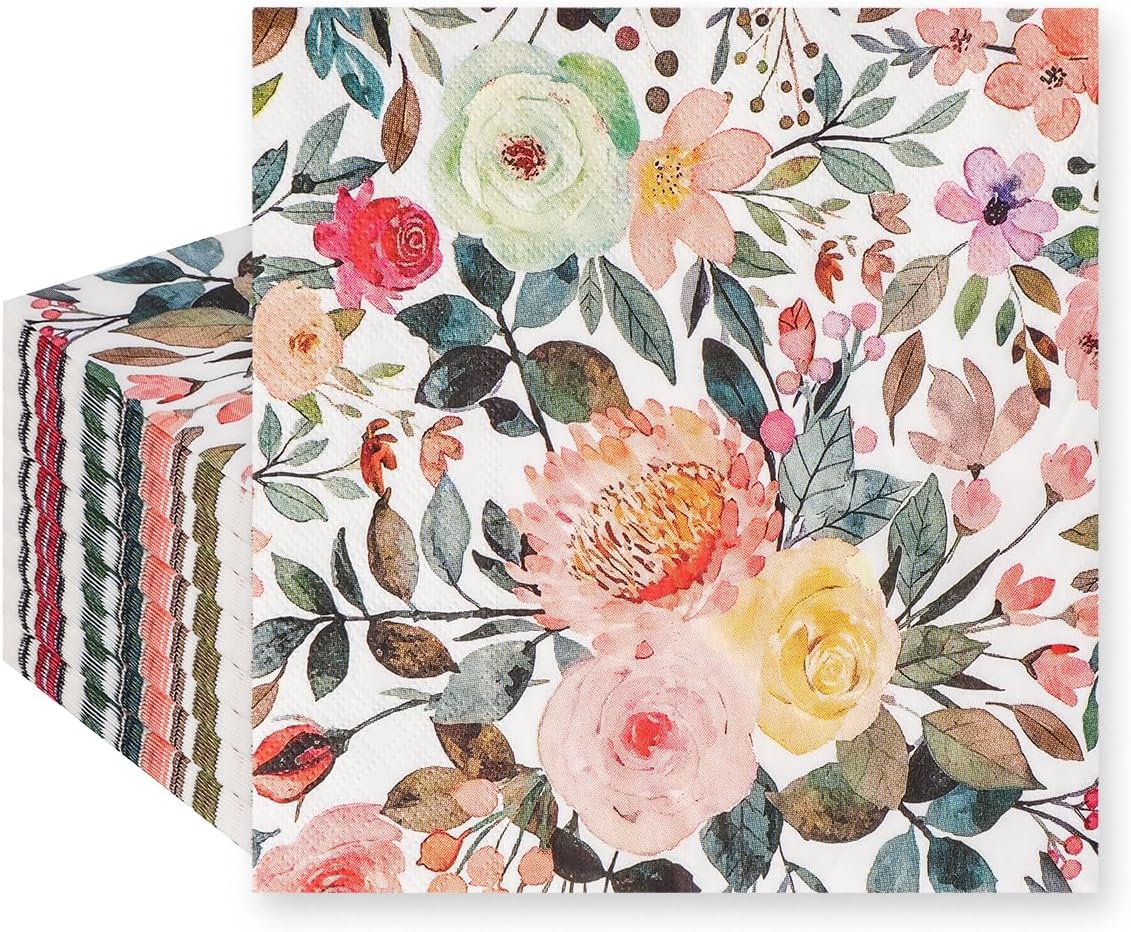Amazon.com: AnyDesign 80Pcs Floral Paper Napkins Watercolor Flower ...