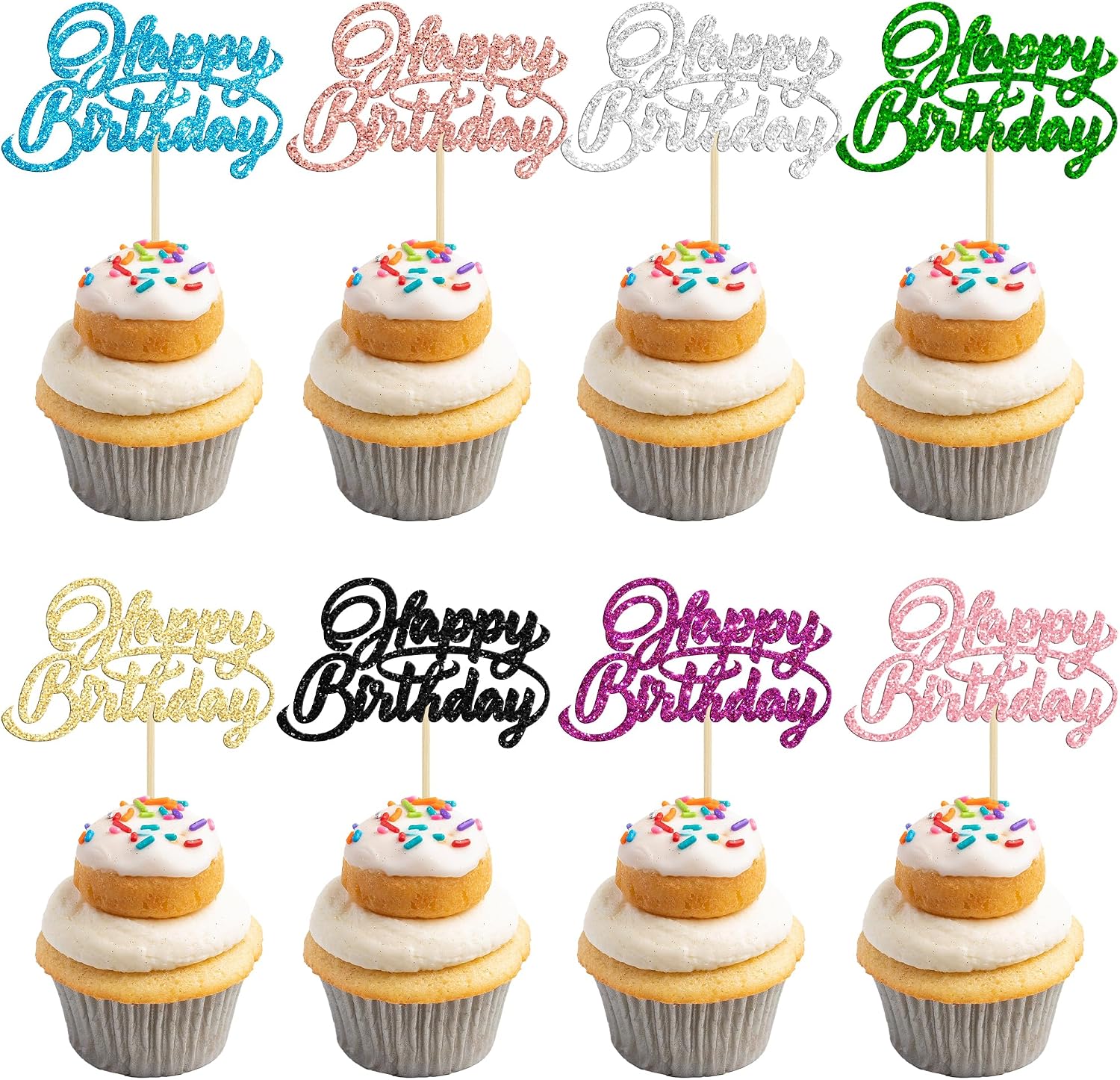 Amazon.com: 24Pcs Happy Birthday Cupcake Toppers 8 Colors Glitter ...